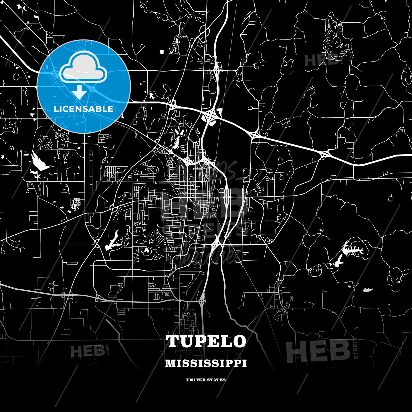 Black Map Poster Template Of Tupelo, Mississippi, Usa – HEBSTREITS