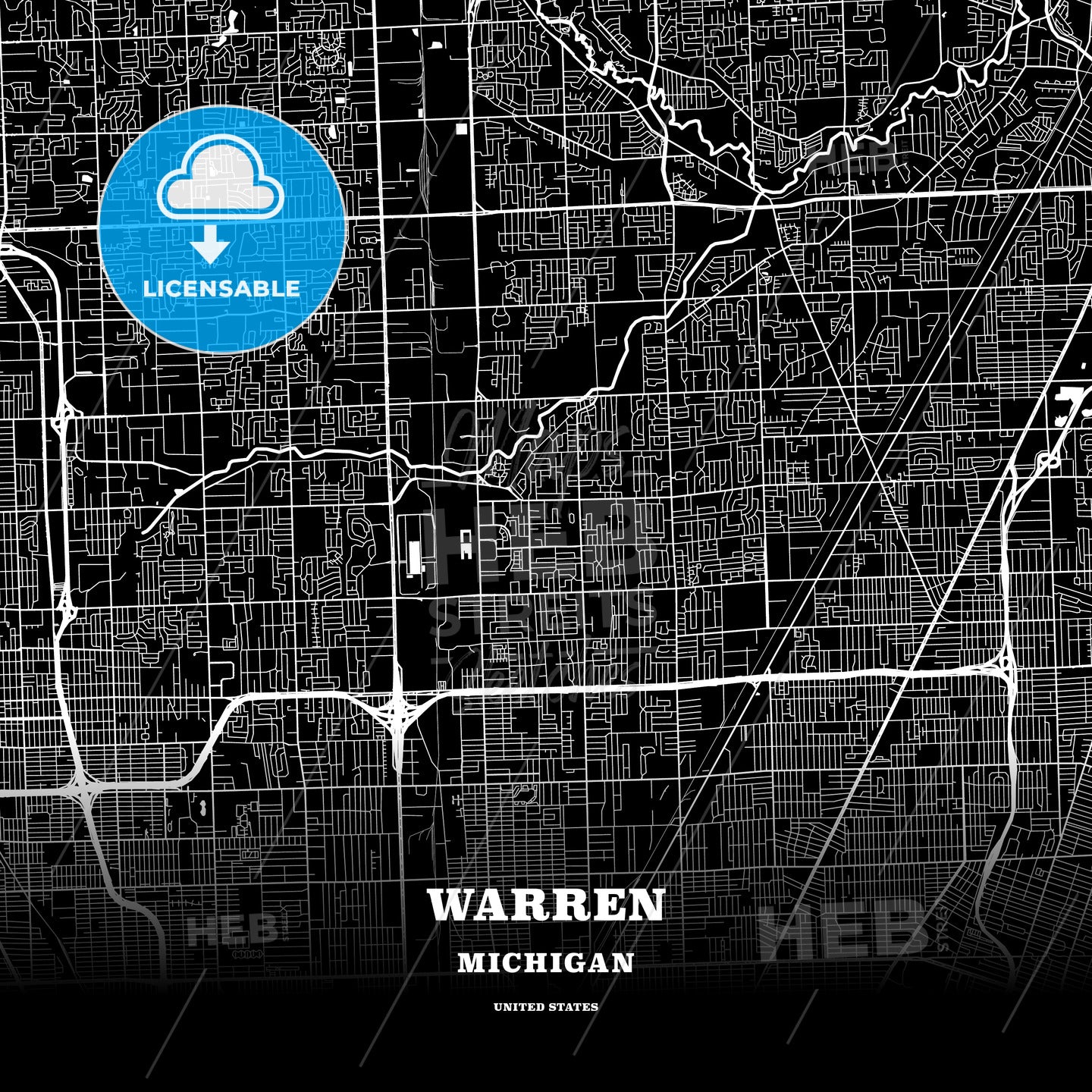 Black map poster template of Warren, Michigan, USA - HEBSTREITS