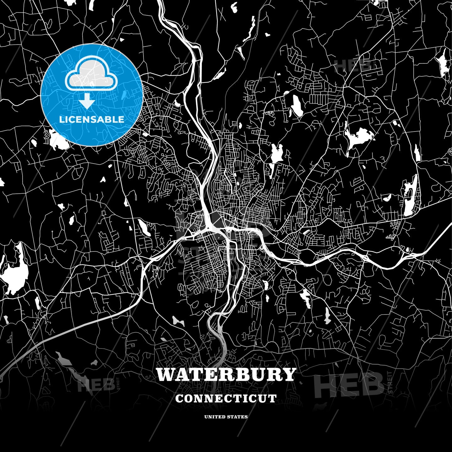 Black Map Poster Template Of Waterbury, Connecticut, Usa – HEBSTREITS