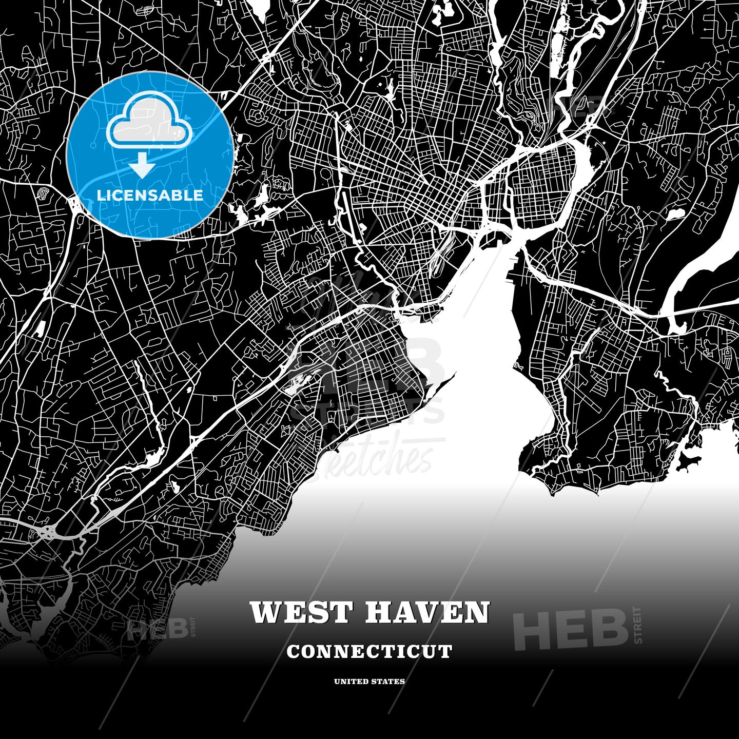 Black map poster template of West Haven, Connecticut, USA - HEBSTREITS