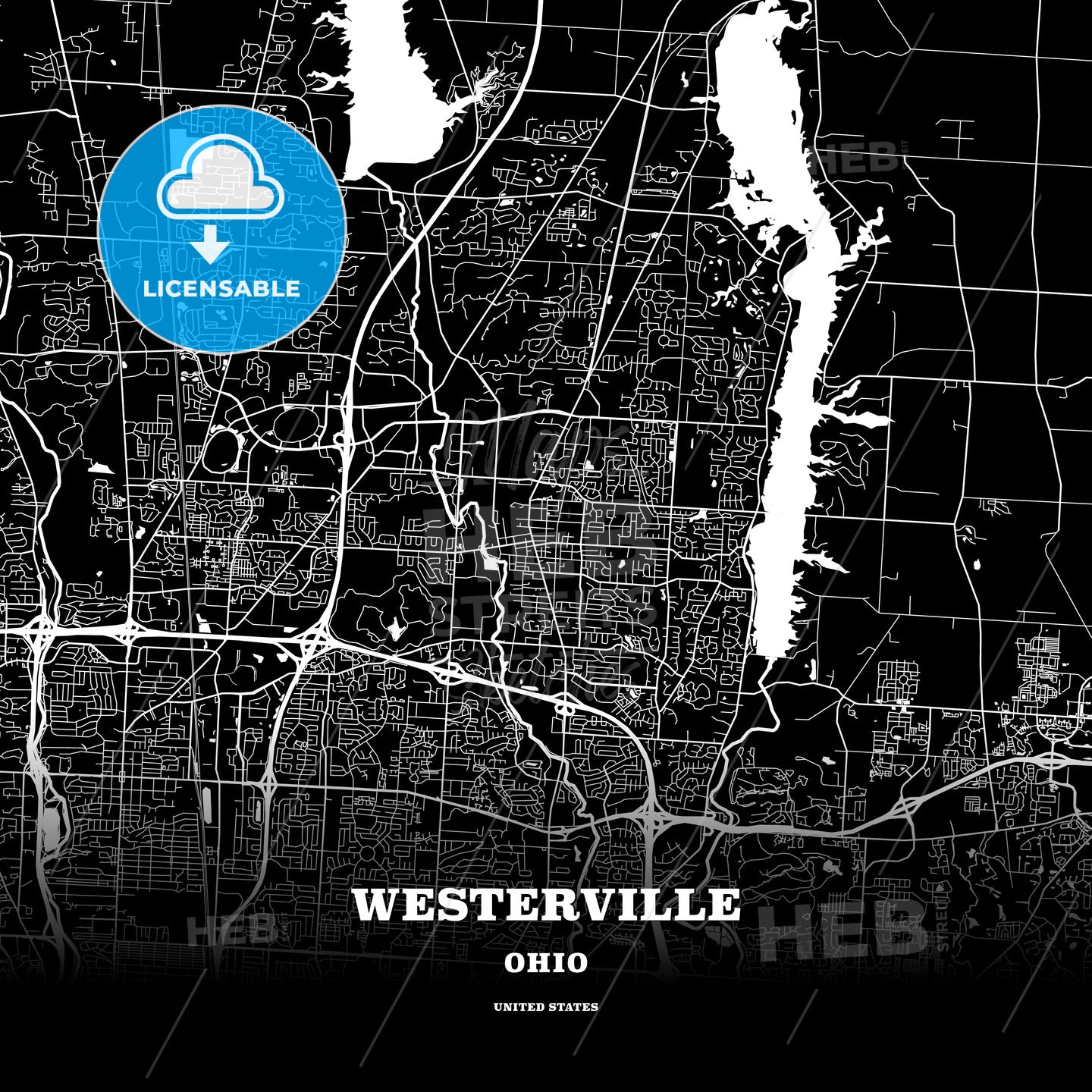 Black map poster template of Westerville, Ohio, USA - HEBSTREITS