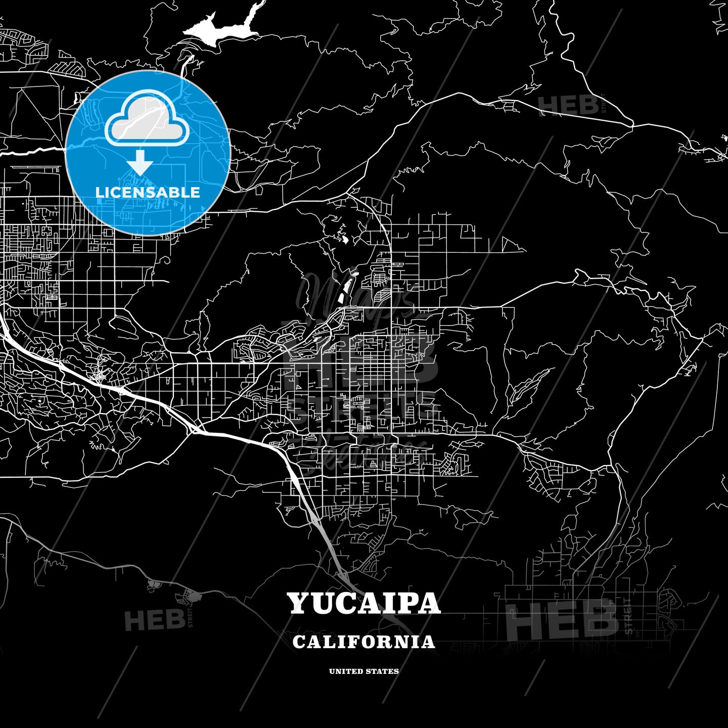 Black Map Poster Template Of Yucaipa, California, Usa – HEBSTREITS