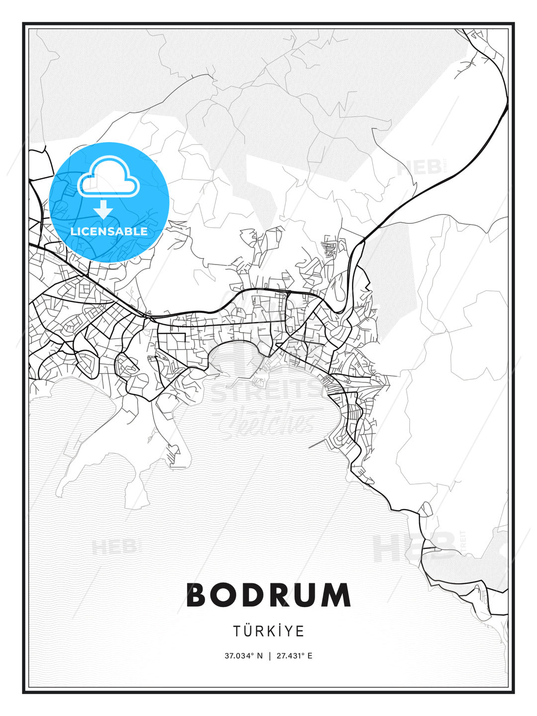 Bodrum, Turkey, Modern Map Print Template in Various Formats - HEBSTREITS