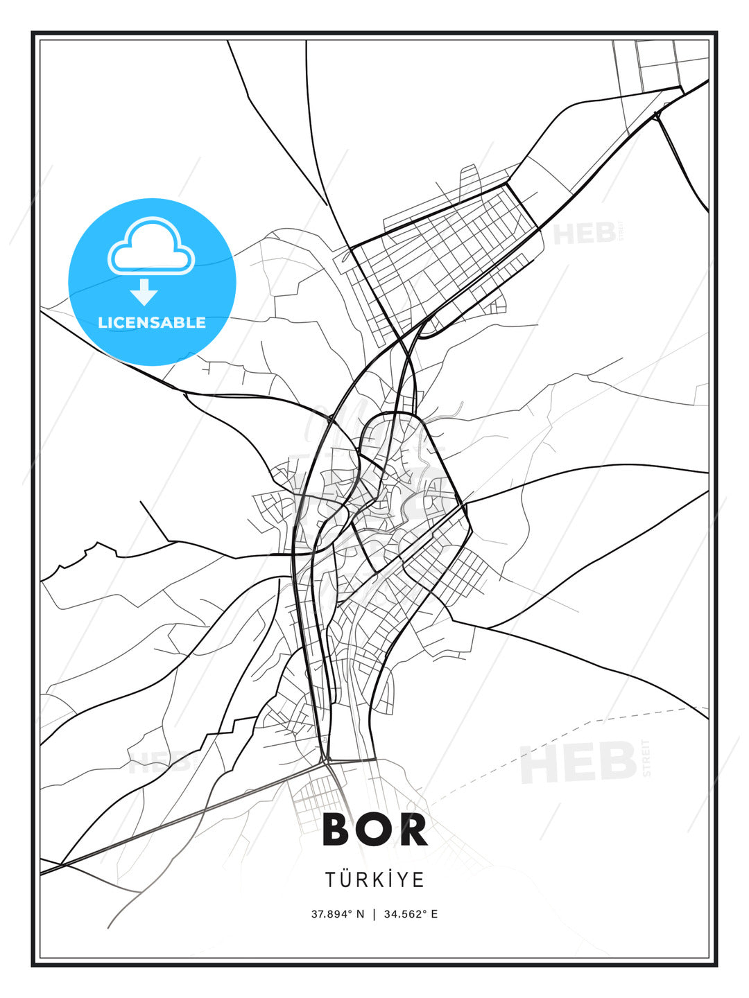 Bor, Turkey, Modern Map Print Template in Various Formats - HEBSTREITS
