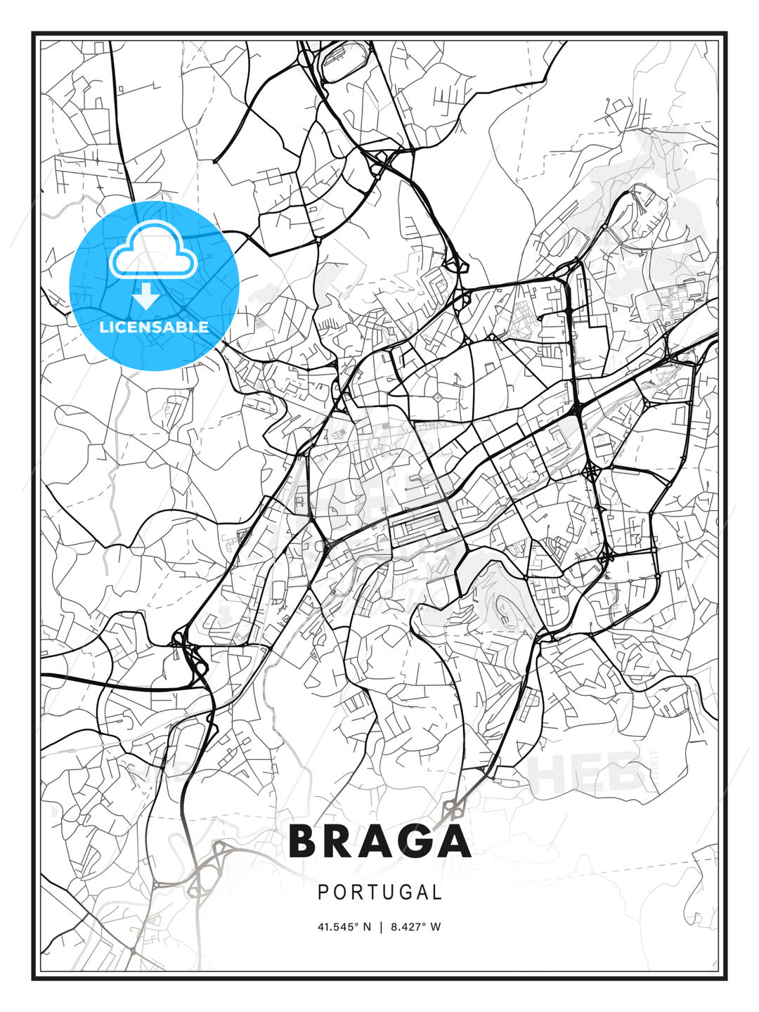 Braga, Portugal, Modern Map Print Template in Various Formats - HEBSTREITS