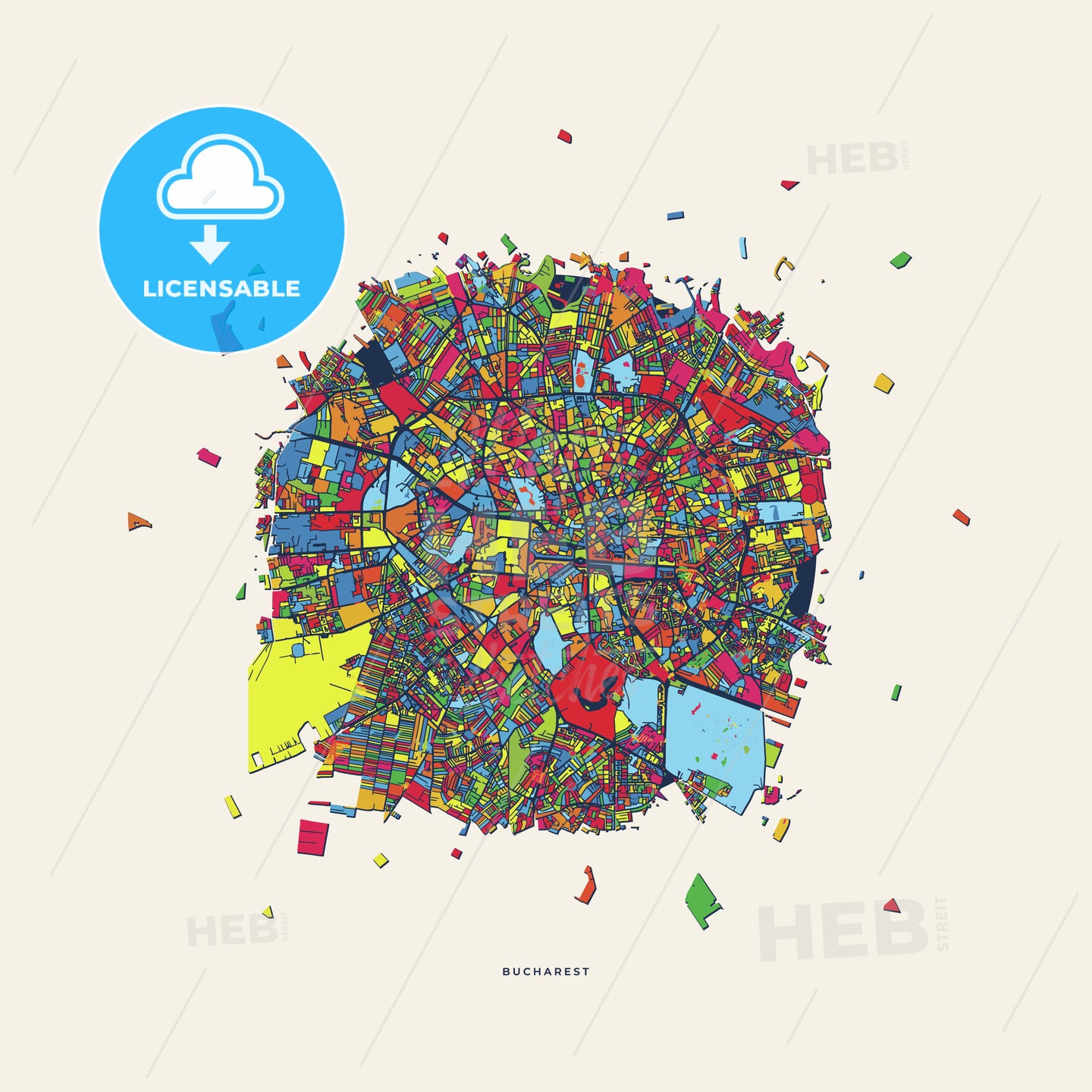 Bucharest Romania colorful confetti map - HEBSTREITS