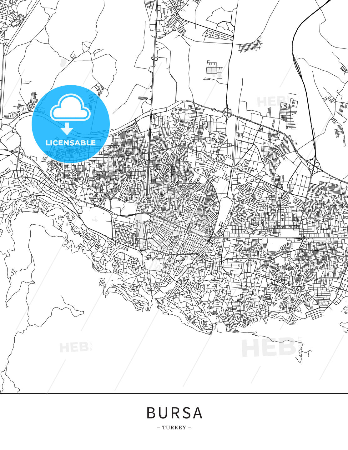 Bursa, Turkey, Map Poster Borderless Print Template – HEBSTREITS