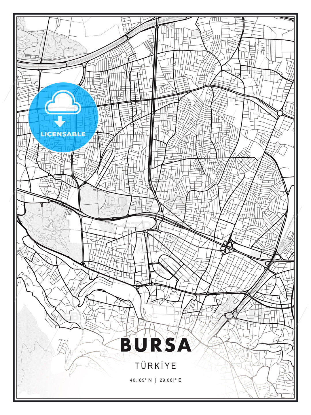 Bursa, Turkey, Modern Map Print Template in Various Formats - HEBSTREITS