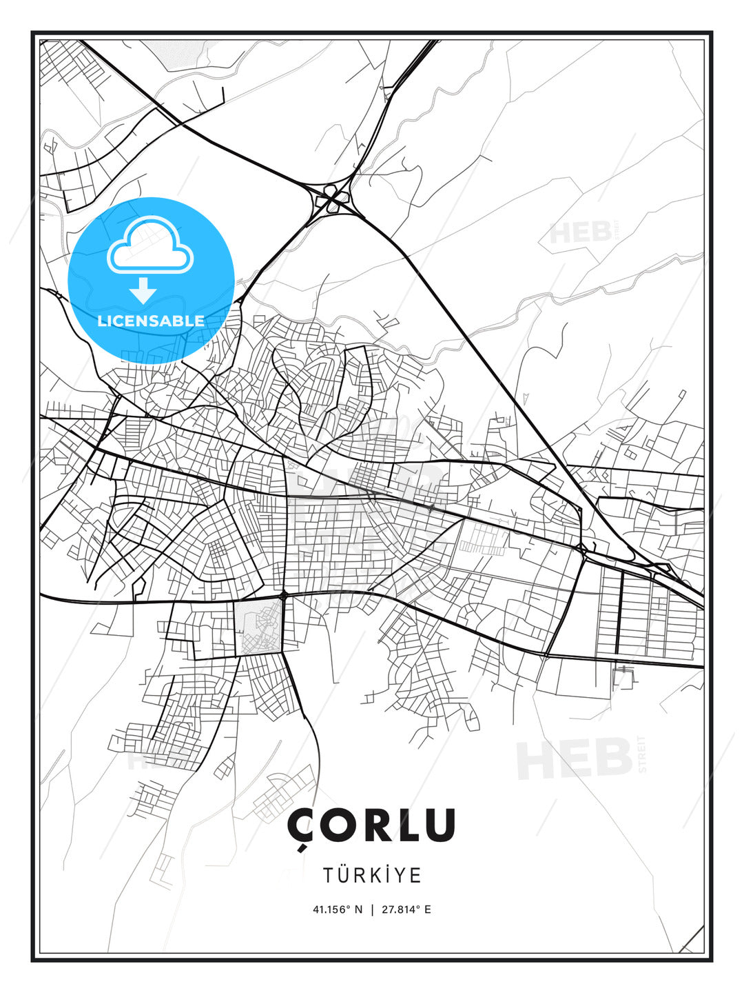 Çorlu, Turkey, Modern Map Print Template in Various Formats - HEBSTREITS