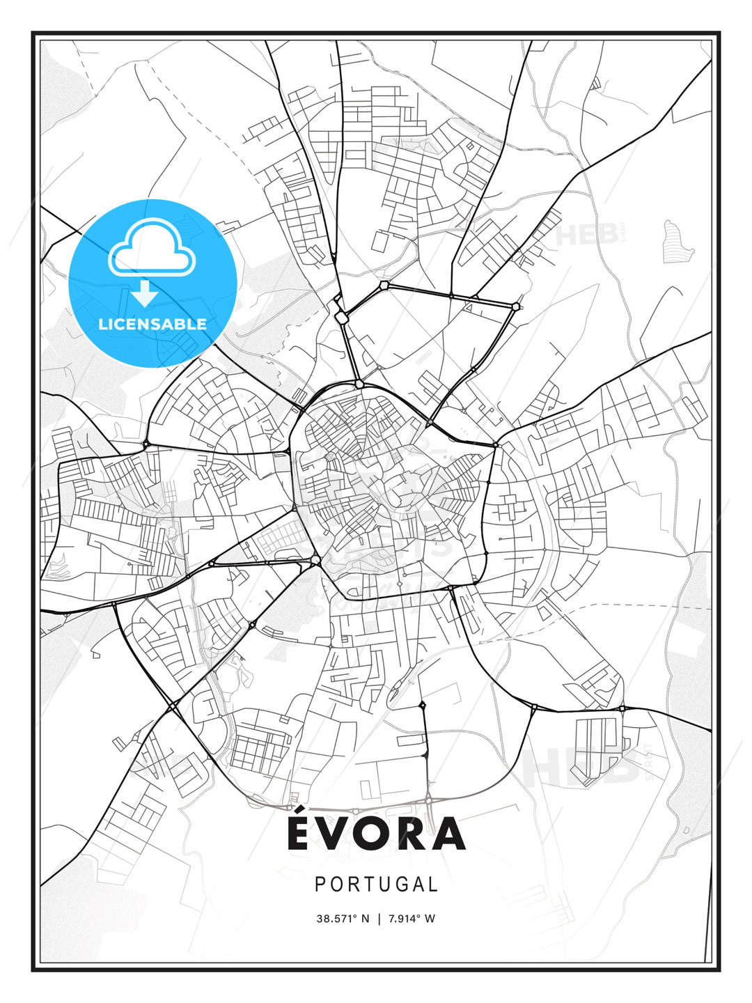 Évora, Portugal, Modern Map Print Template in Various Formats - HEBSTREITS