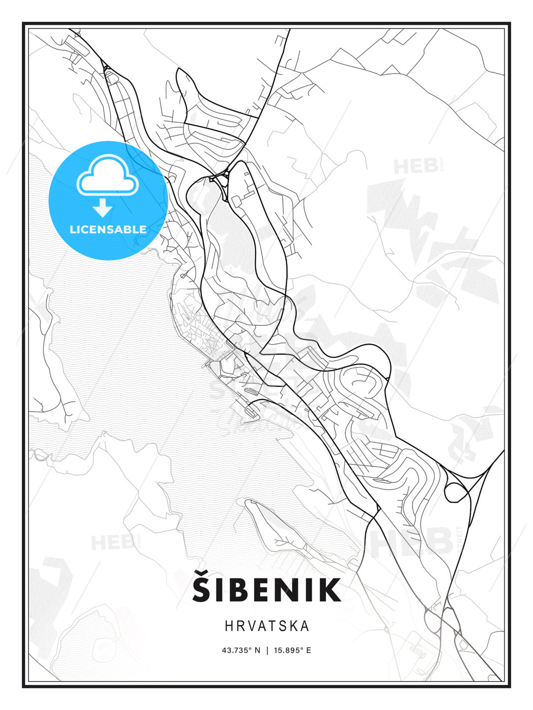 Šibenik, Croatia, Modern Map Print Template in Various Formats - HEBSTREITS