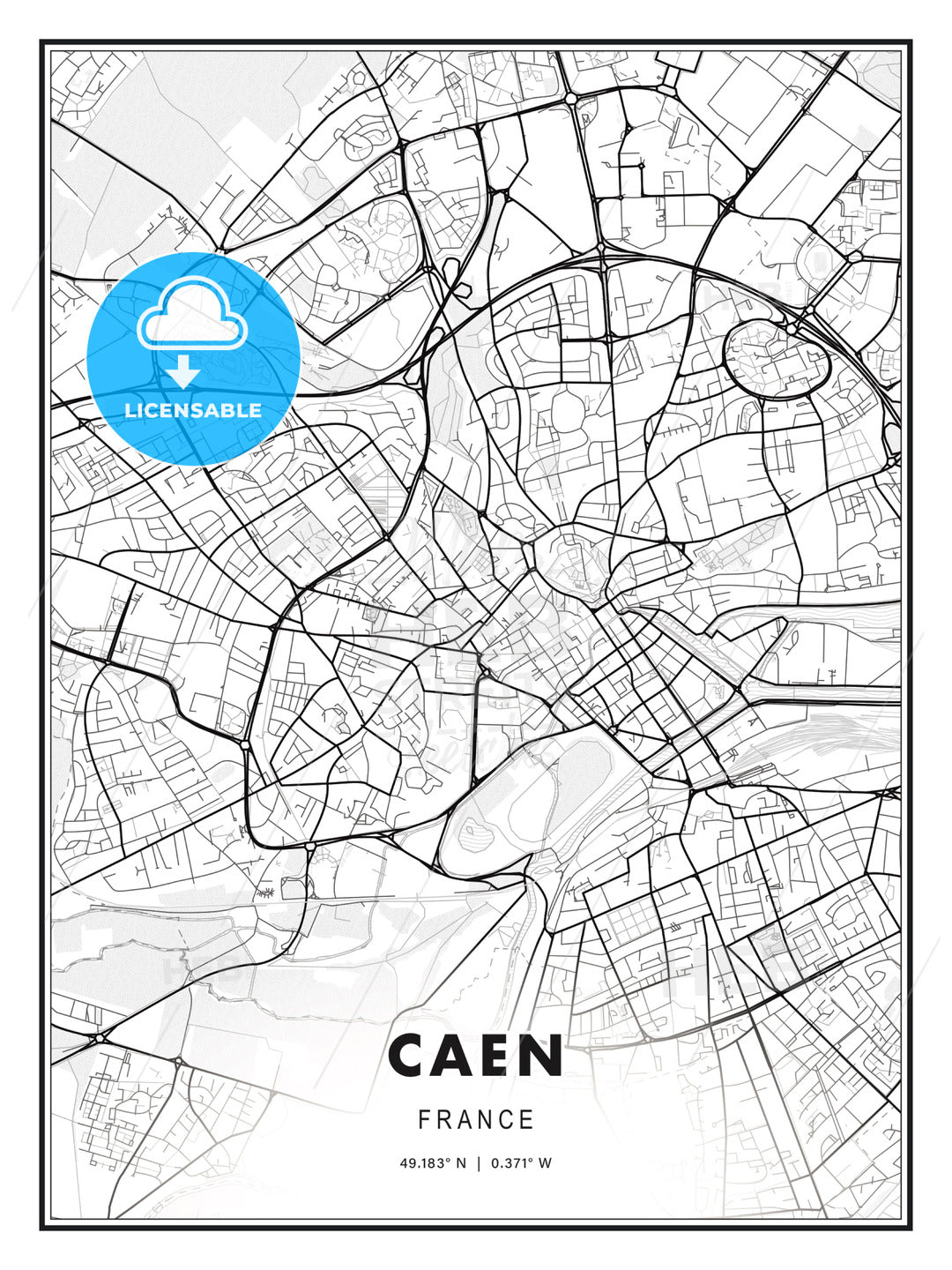Caen, France, Modern Map Print Template in Various Formats - HEBSTREITS