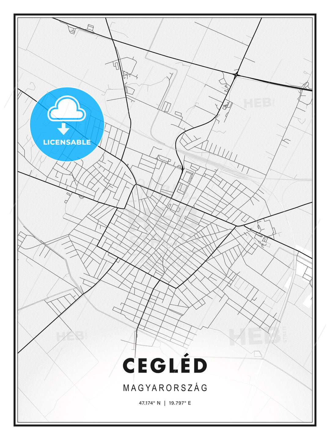 Cegléd, Hungary, Modern Map Print Template in Various Formats - HEBSTREITS