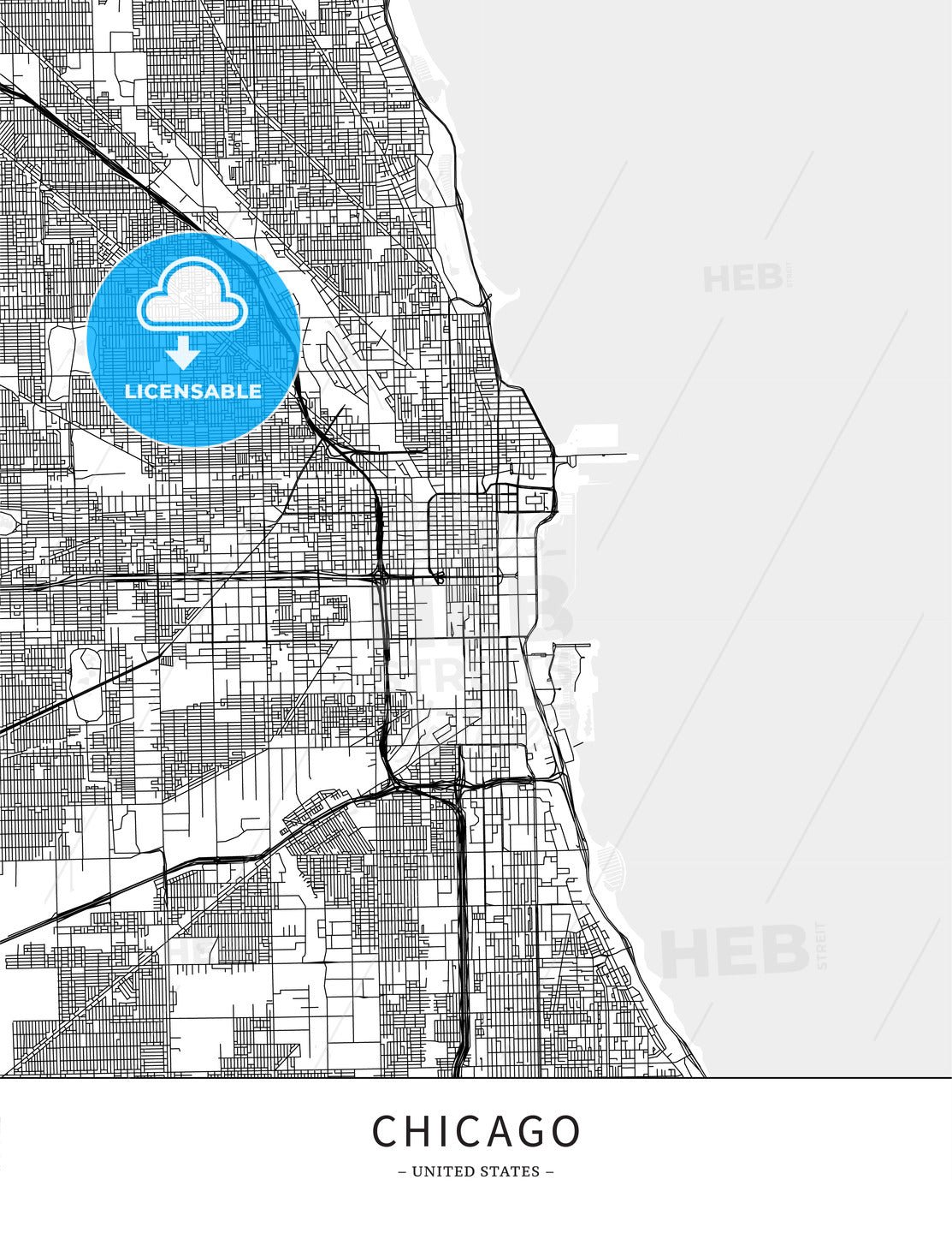 Chicago, United States, Map poster borderless print template - HEBSTREITS