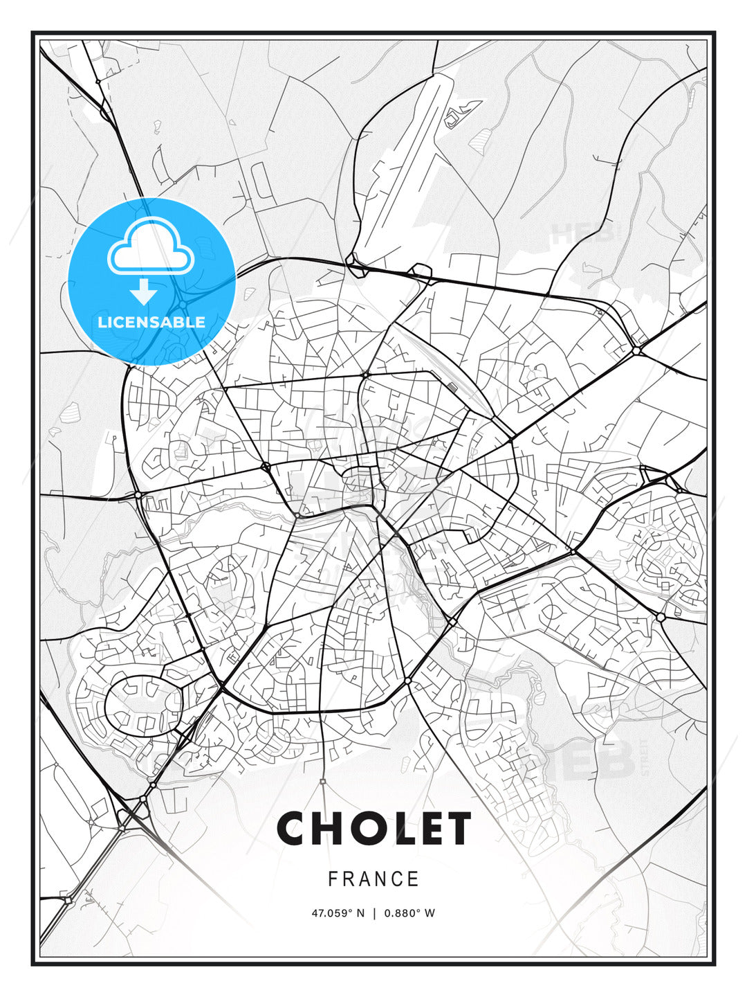 Cholet, France, Modern Map Print Template in Various Formats - HEBSTREITS