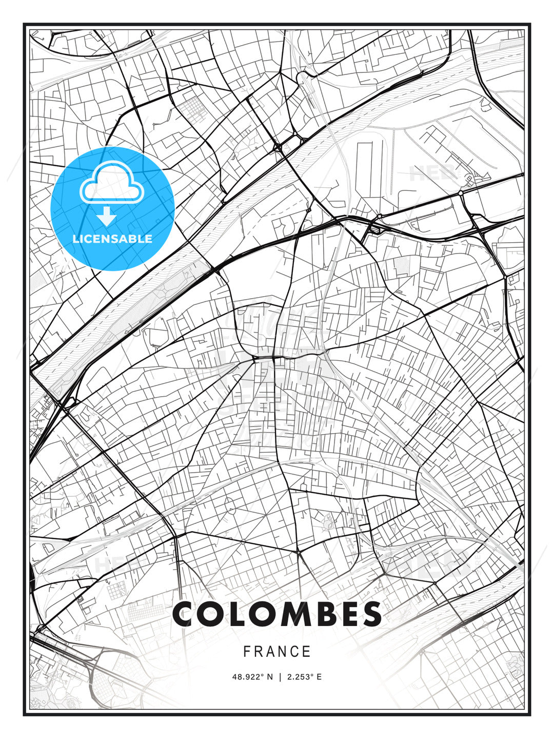 Colombes, France, Modern Map Print Template in Various Formats - HEBSTREITS