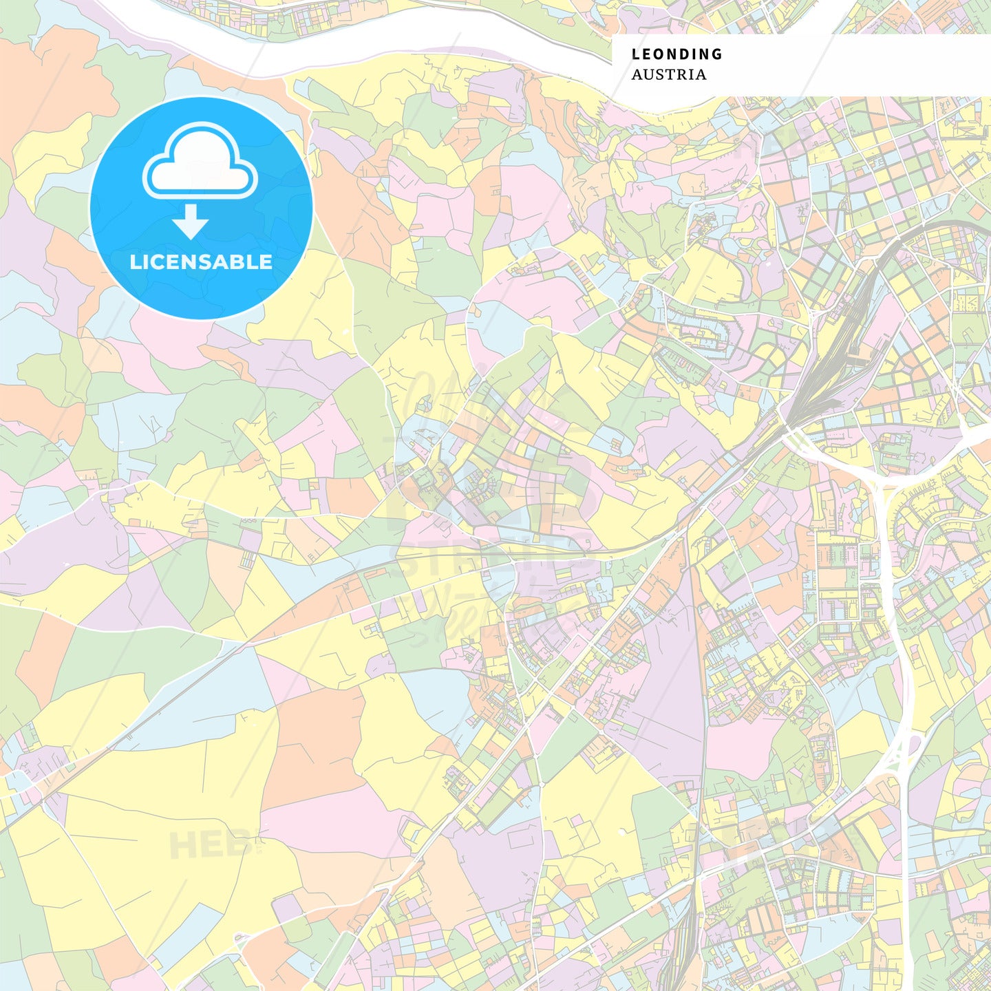Colorful map of Leonding, Austria - HEBSTREITS