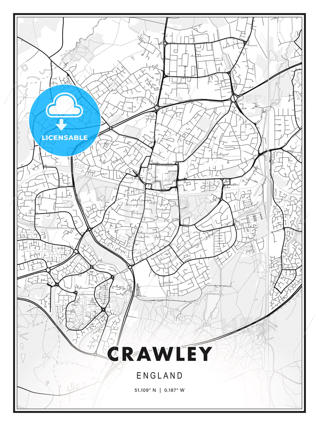 Crawley, England, Modern Map Print Template in Various Formats - HEBSTREITS