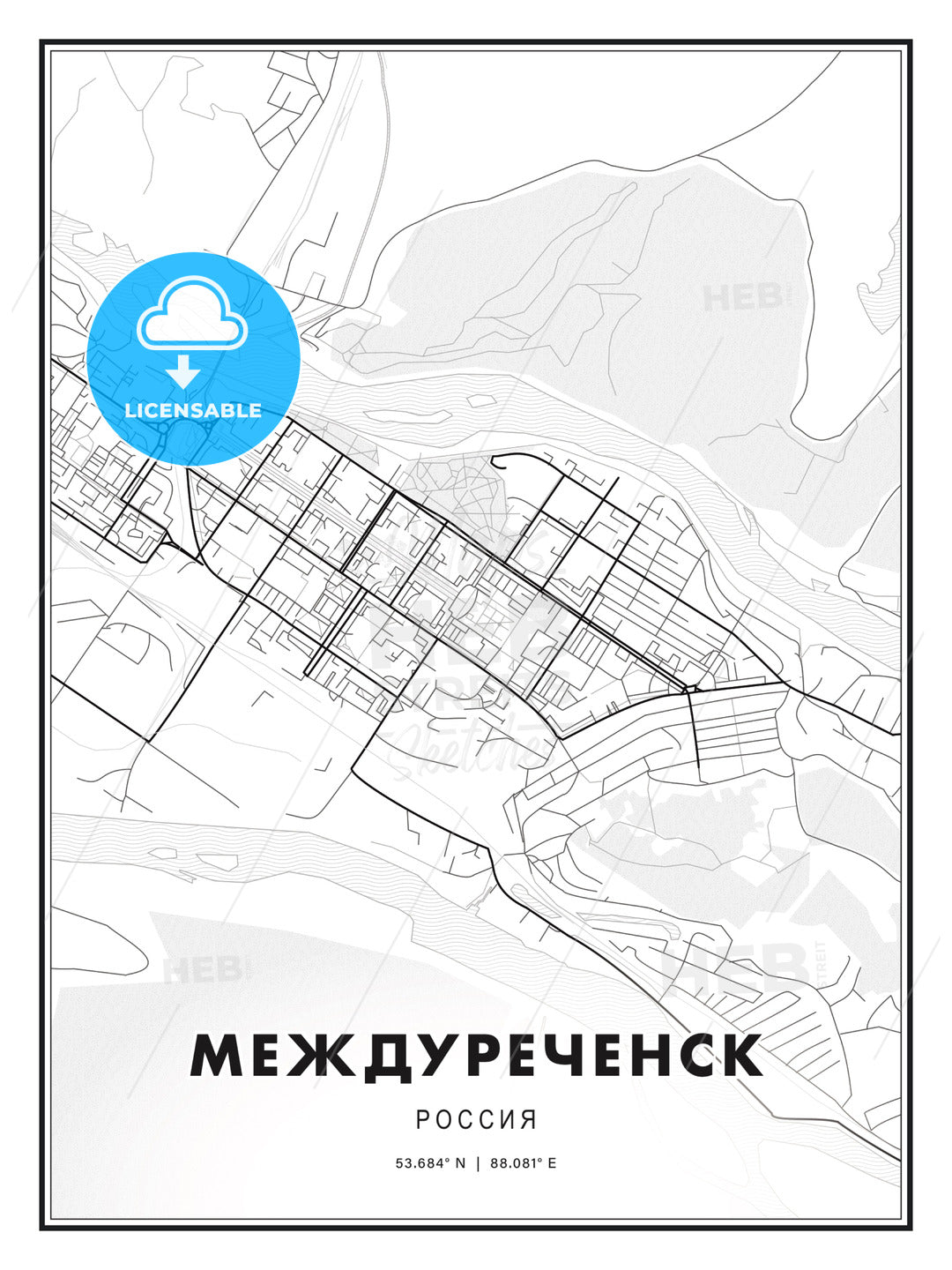 МЕЖДУРЕЧЕНСК / Mezhdurechensk, Russia, Modern Map Print Template in ...