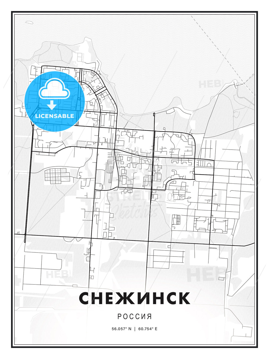 СНЕЖИНСК / Snezhinsk, Russia, Modern Map Print Template in Various ...