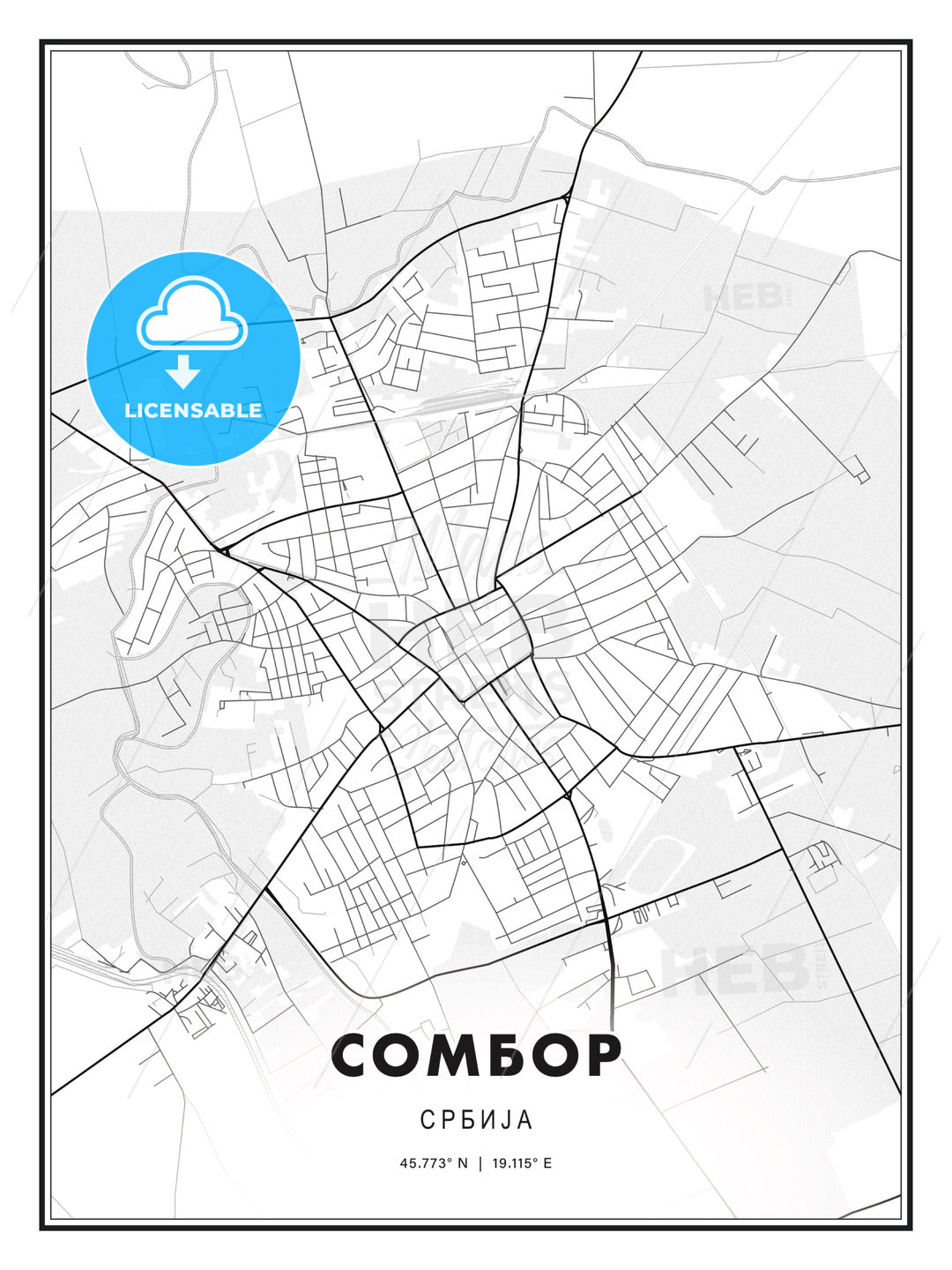 СОМБОР / Sombor, Serbia, Modern Map Print Template in Various Formats ...