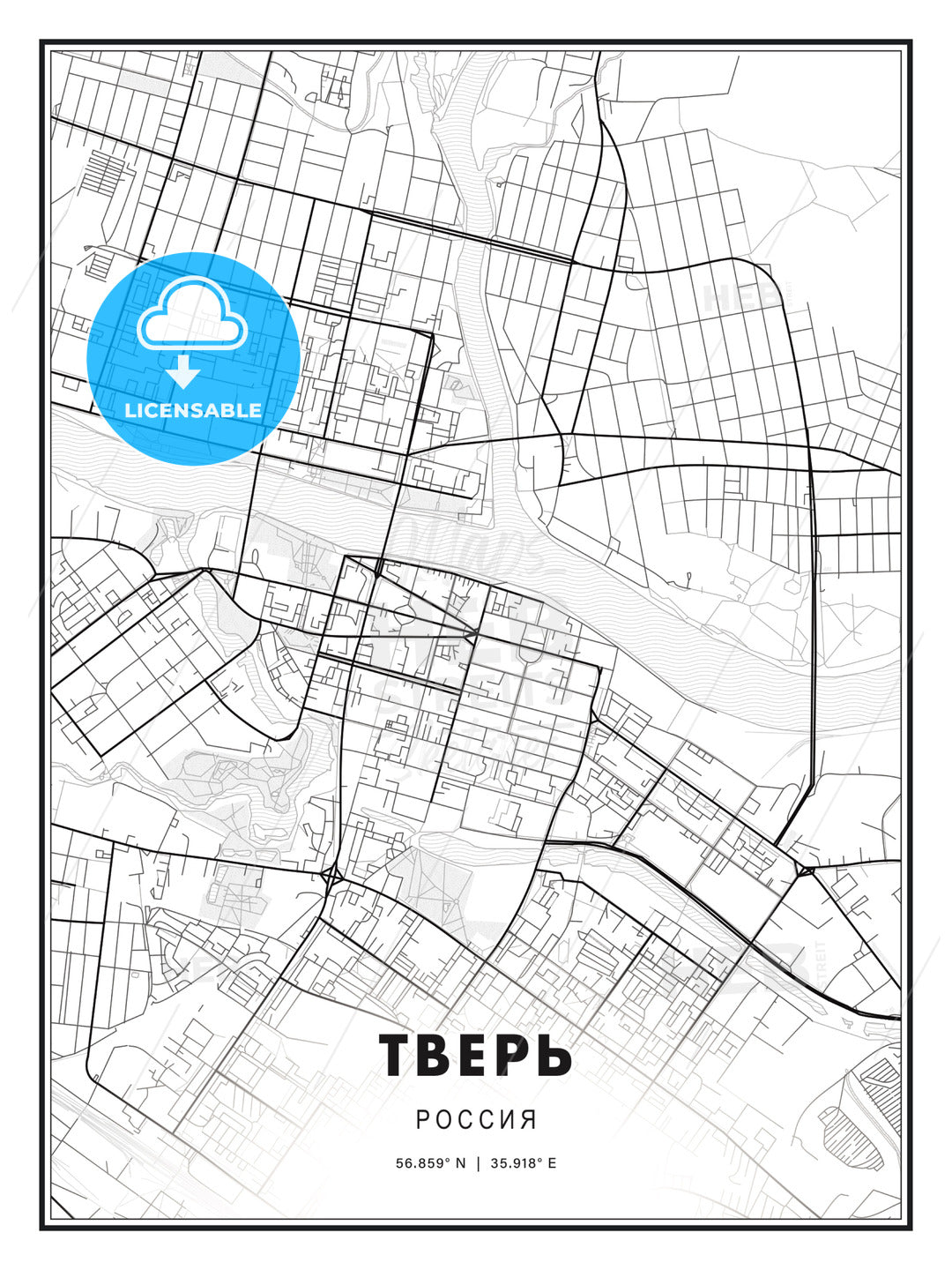 ТВЕРЬ / Tver, Russia, Modern Map Print Template in Various Formats - HEBSTREITS