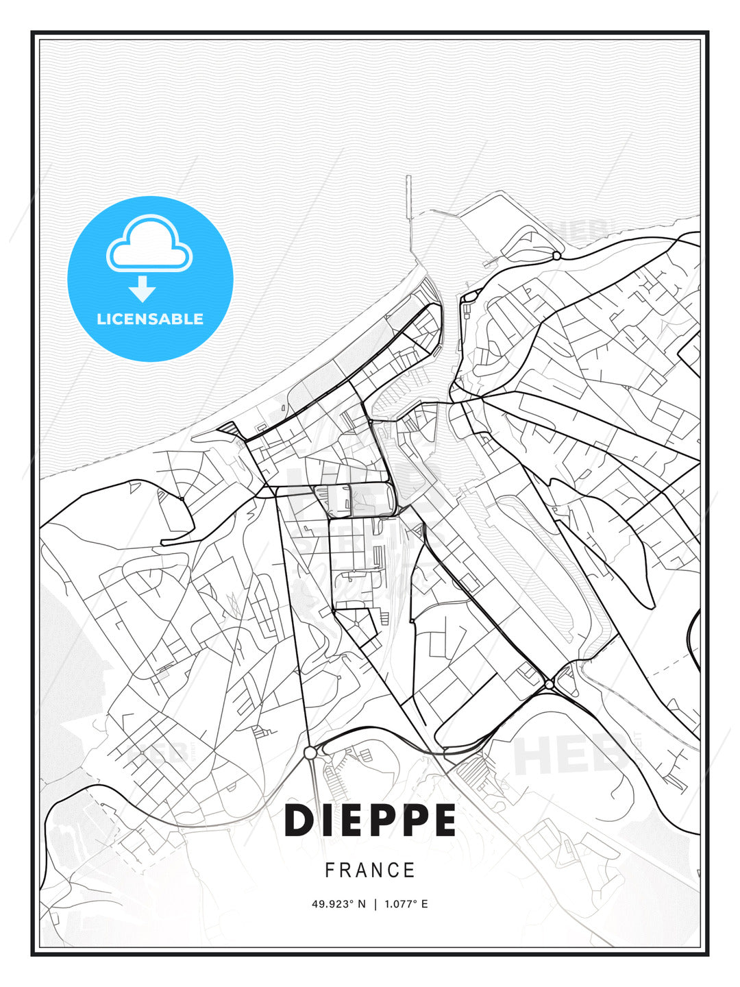 Dieppe, France, Modern Map Print Template in Various Formats - HEBSTREITS