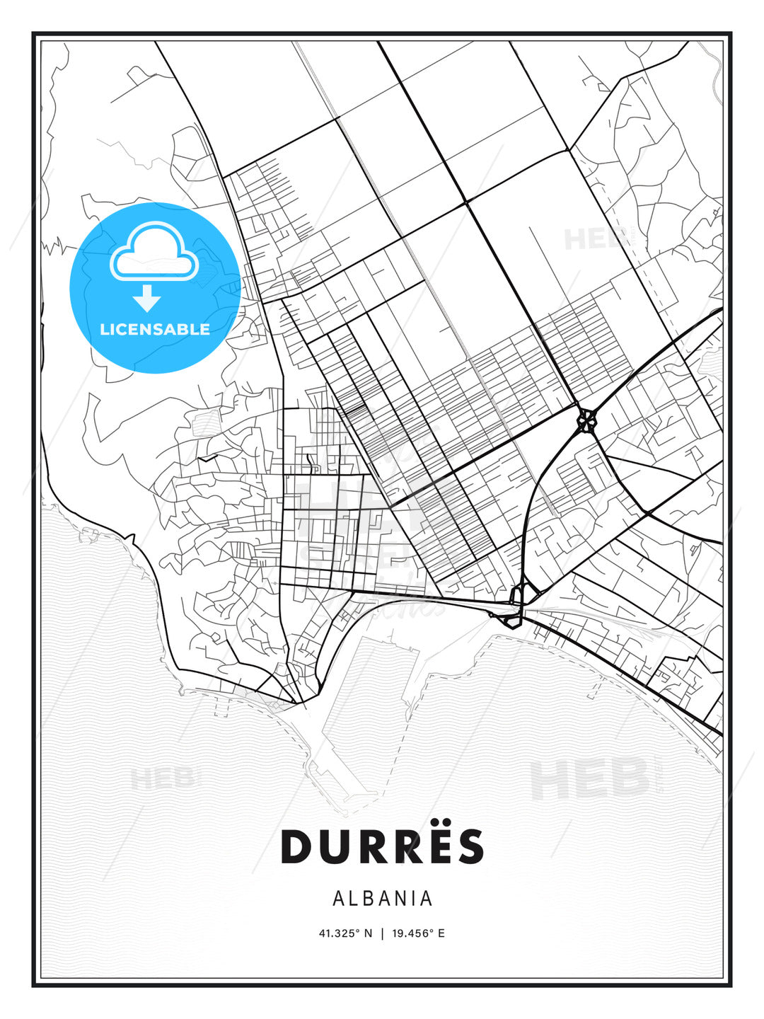 Durrës, Albania, Modern Map Print Template in Various Formats - HEBSTREITS