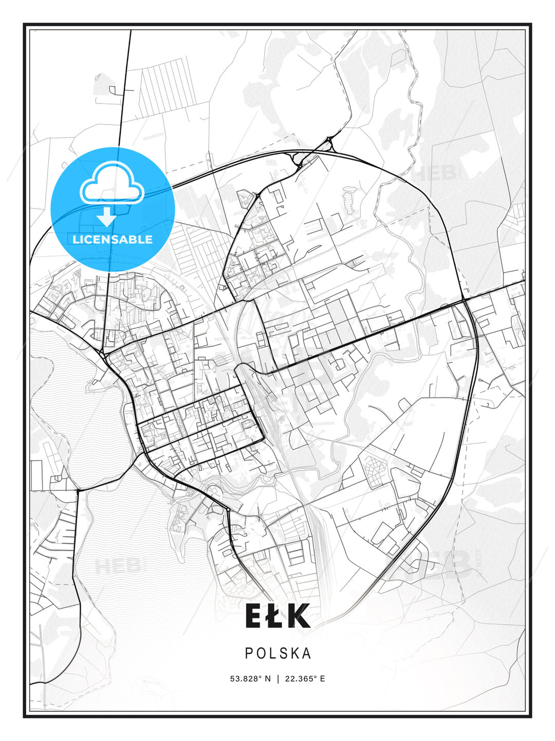 Ełk, Poland, Modern Map Print Template in Various Formats - HEBSTREITS