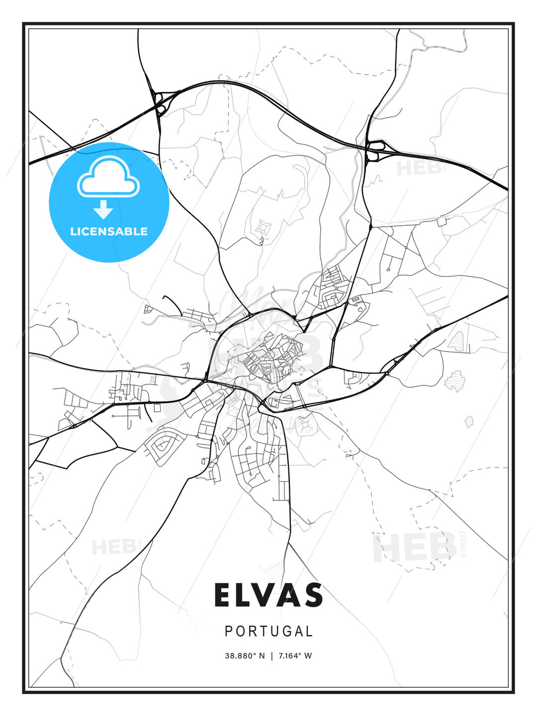 Elvas, Portugal, Modern Map Print Template in Various Formats - HEBSTREITS