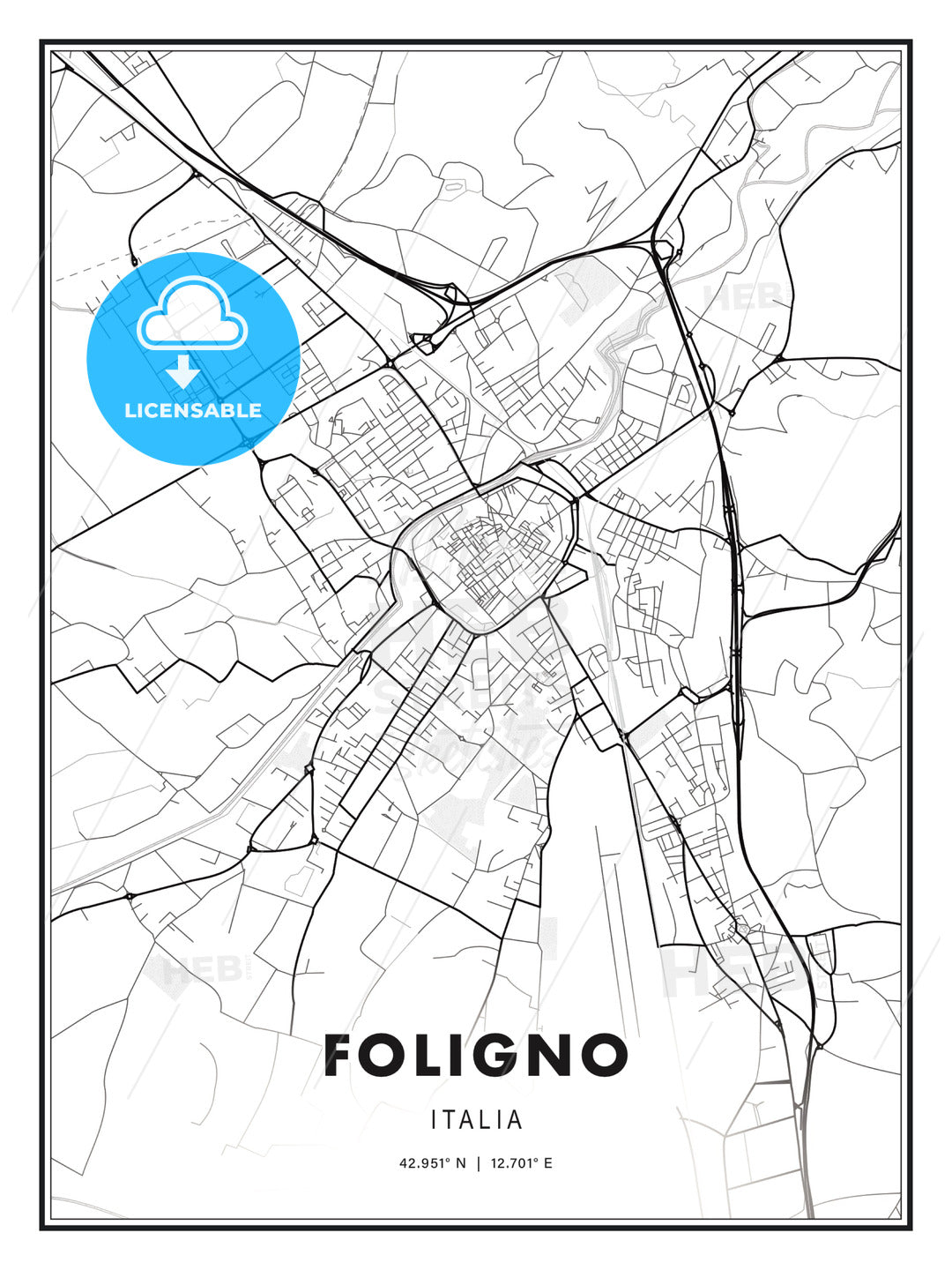 Foligno, Italy, Modern Map Print Template in Various Formats - HEBSTREITS