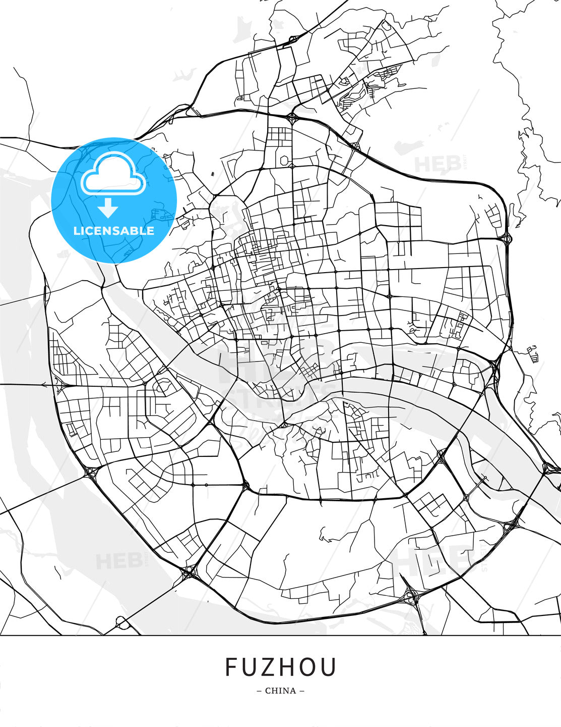 Fuzhou, China, Map poster borderless print template - HEBSTREITS