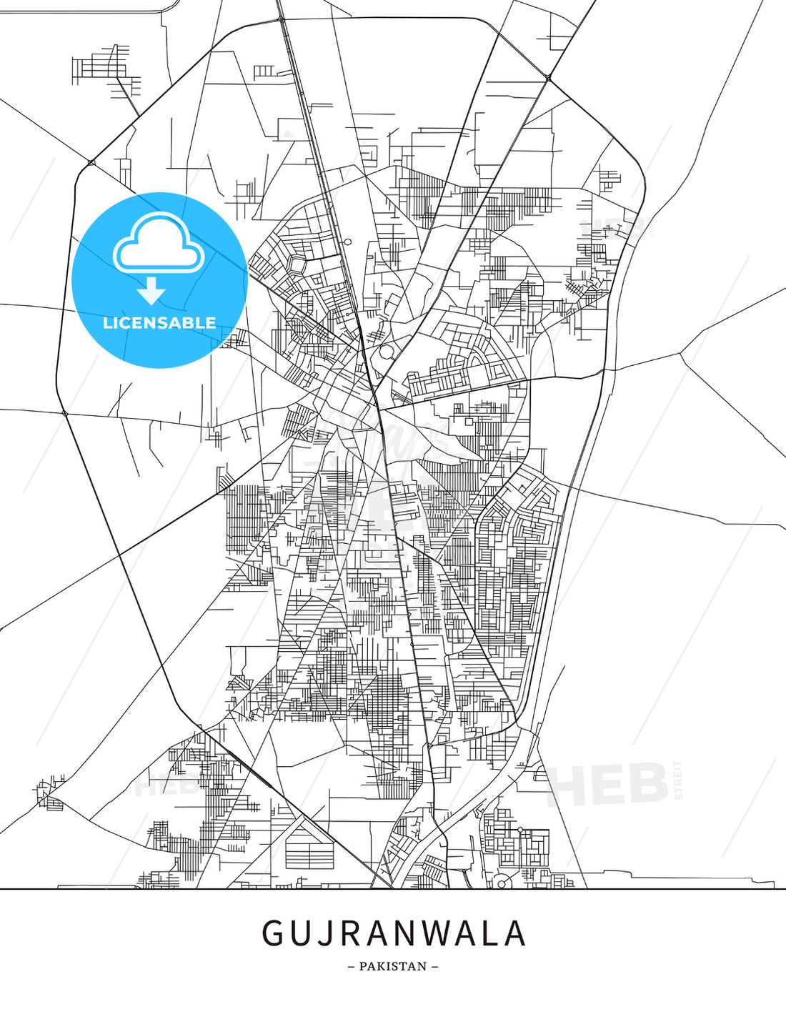 Gujranwala, Pakistan, Map poster borderless print template - HEBSTREITS