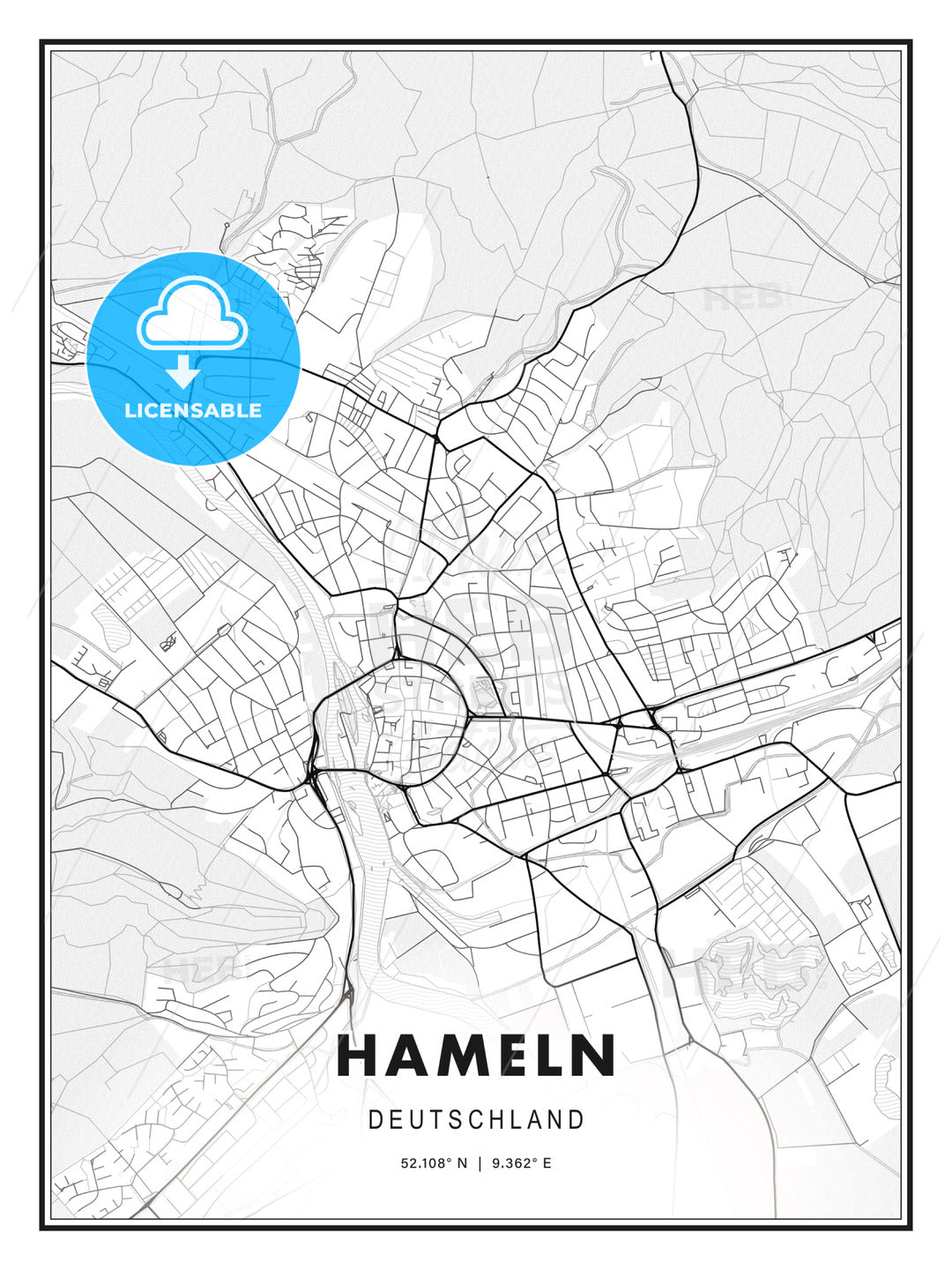 Hameln, Germany, Modern Map Print Template in Various Formats - HEBSTREITS