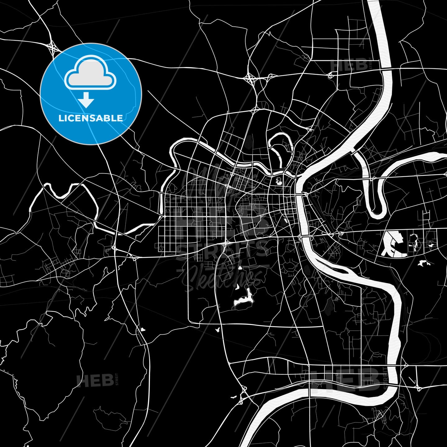 Hengyang, China PDF vector map black and white - HEBSTREITS