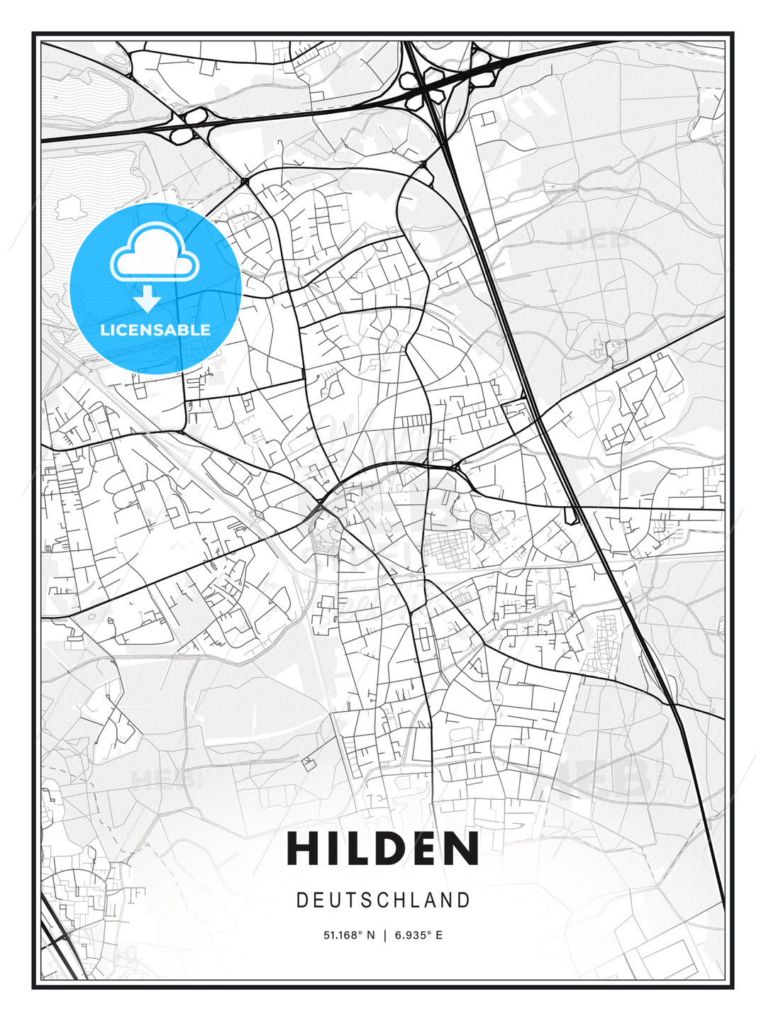 Hilden, Germany, Modern Map Print Template in Various Formats - HEBSTREITS