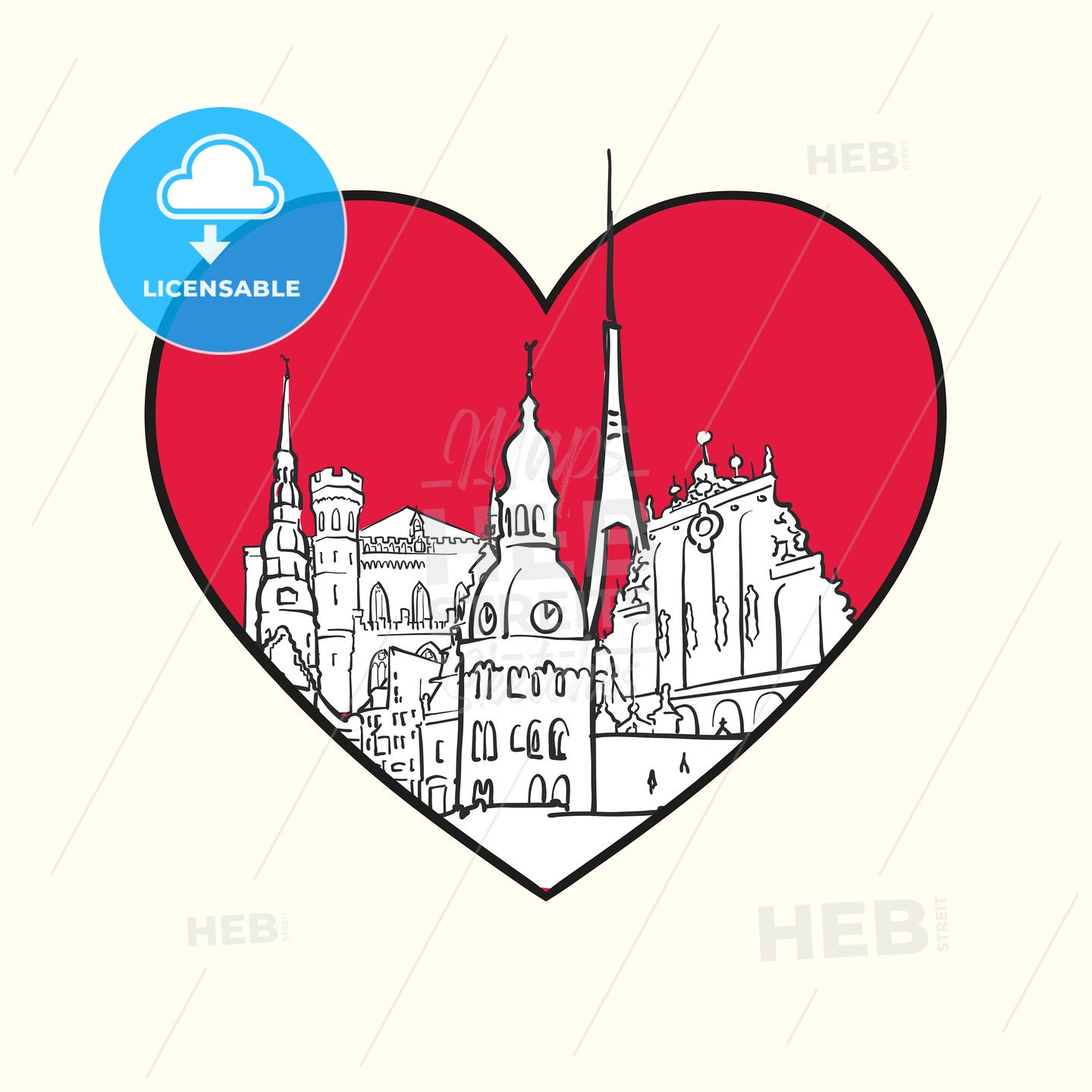 I Love Riga. Red Heart And Famous Buildings - HEBSTREITS