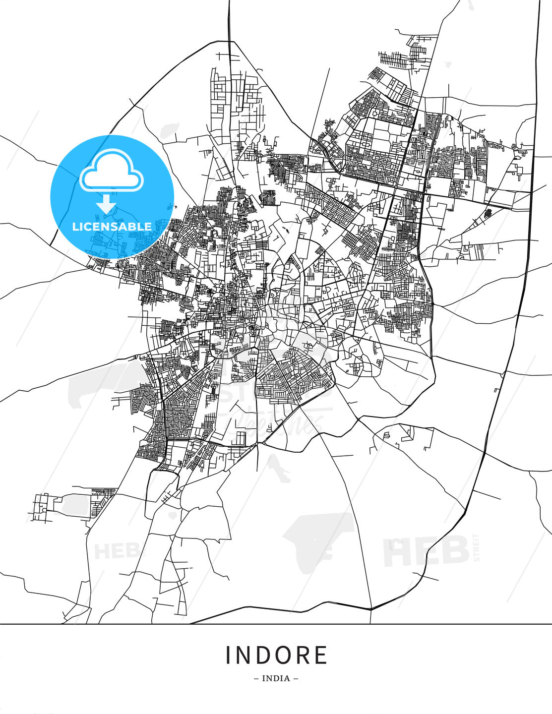 Indore, India, Map poster borderless print template - HEBSTREITS
