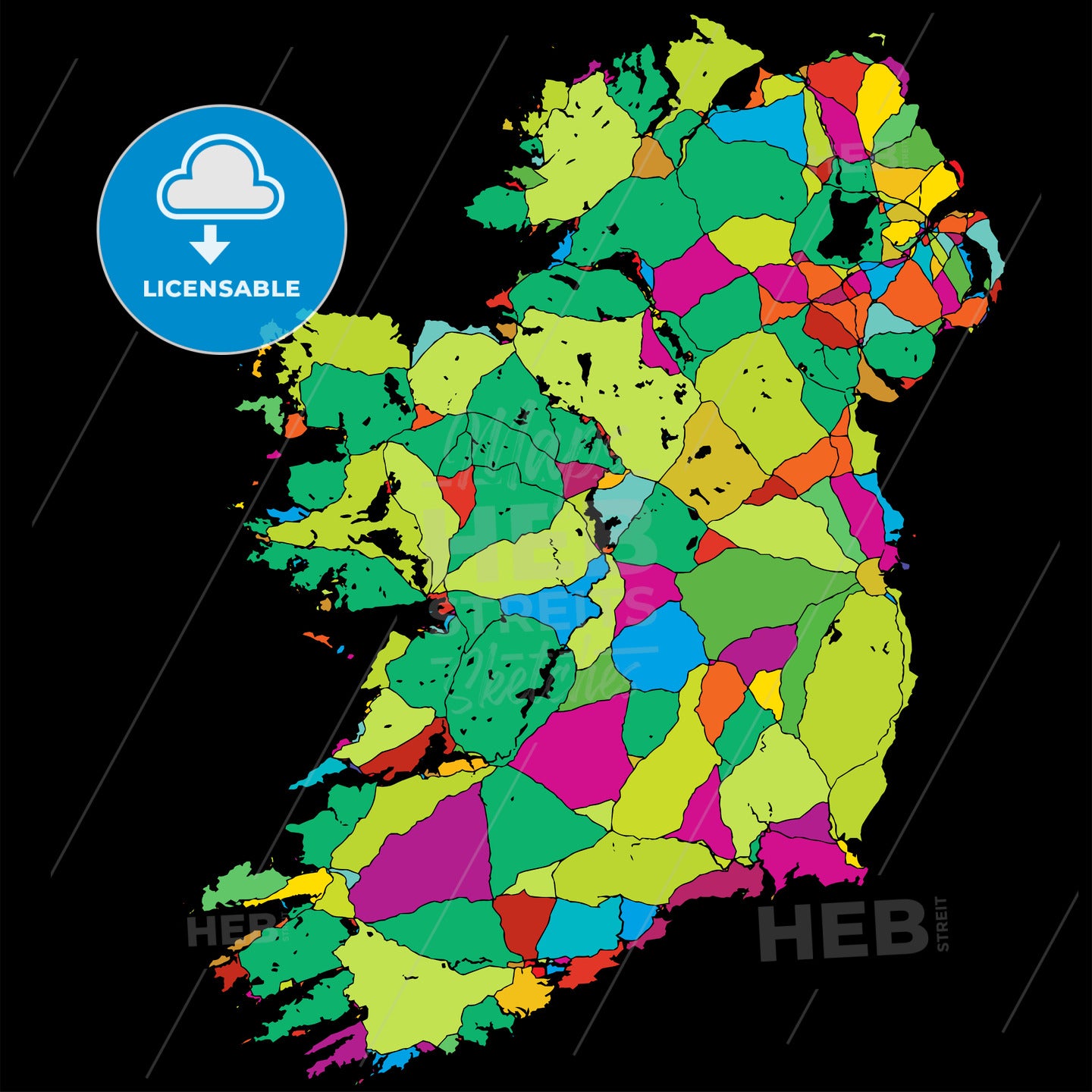 Ireland Colorful Vector Map On Black – HEBSTREITS