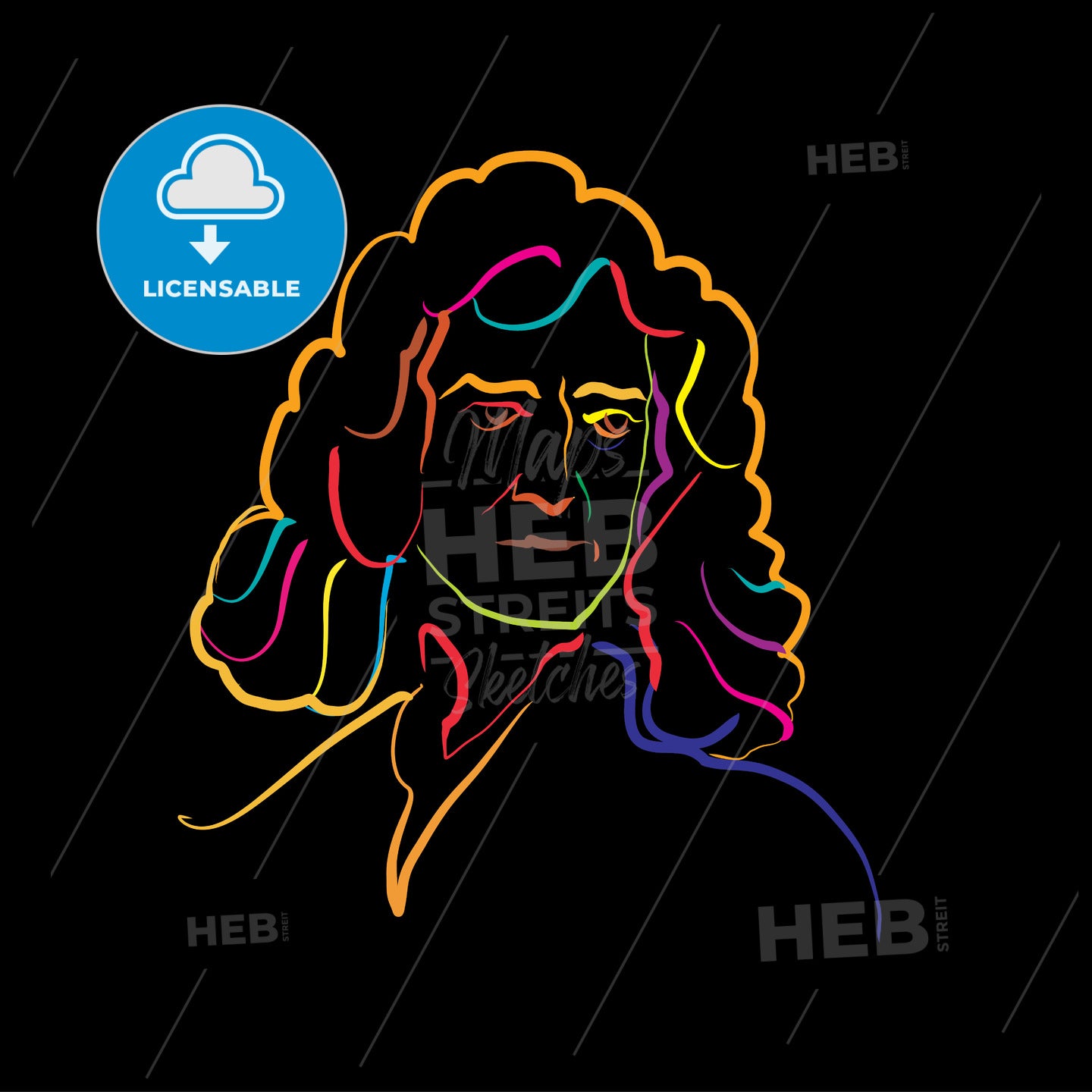 Isaac Newton Crazy Colorful Outline Vector Drawing – HEBSTREITS