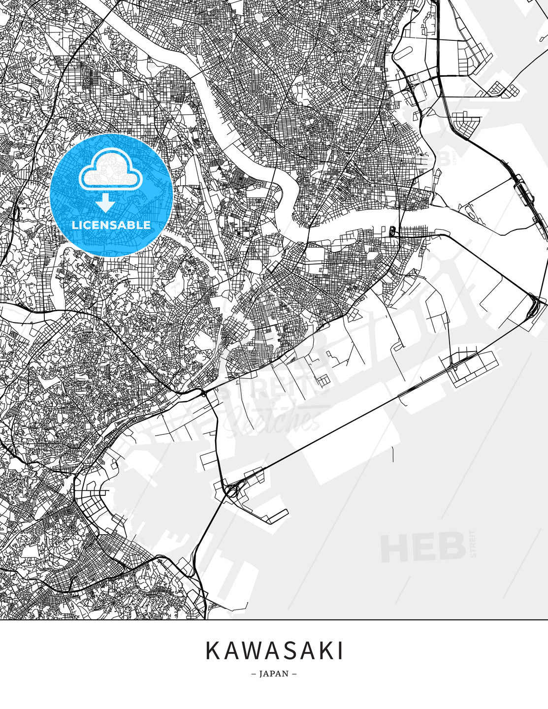 Kawasaki, Japan, Map Poster Borderless Print Template – HEBSTREITS