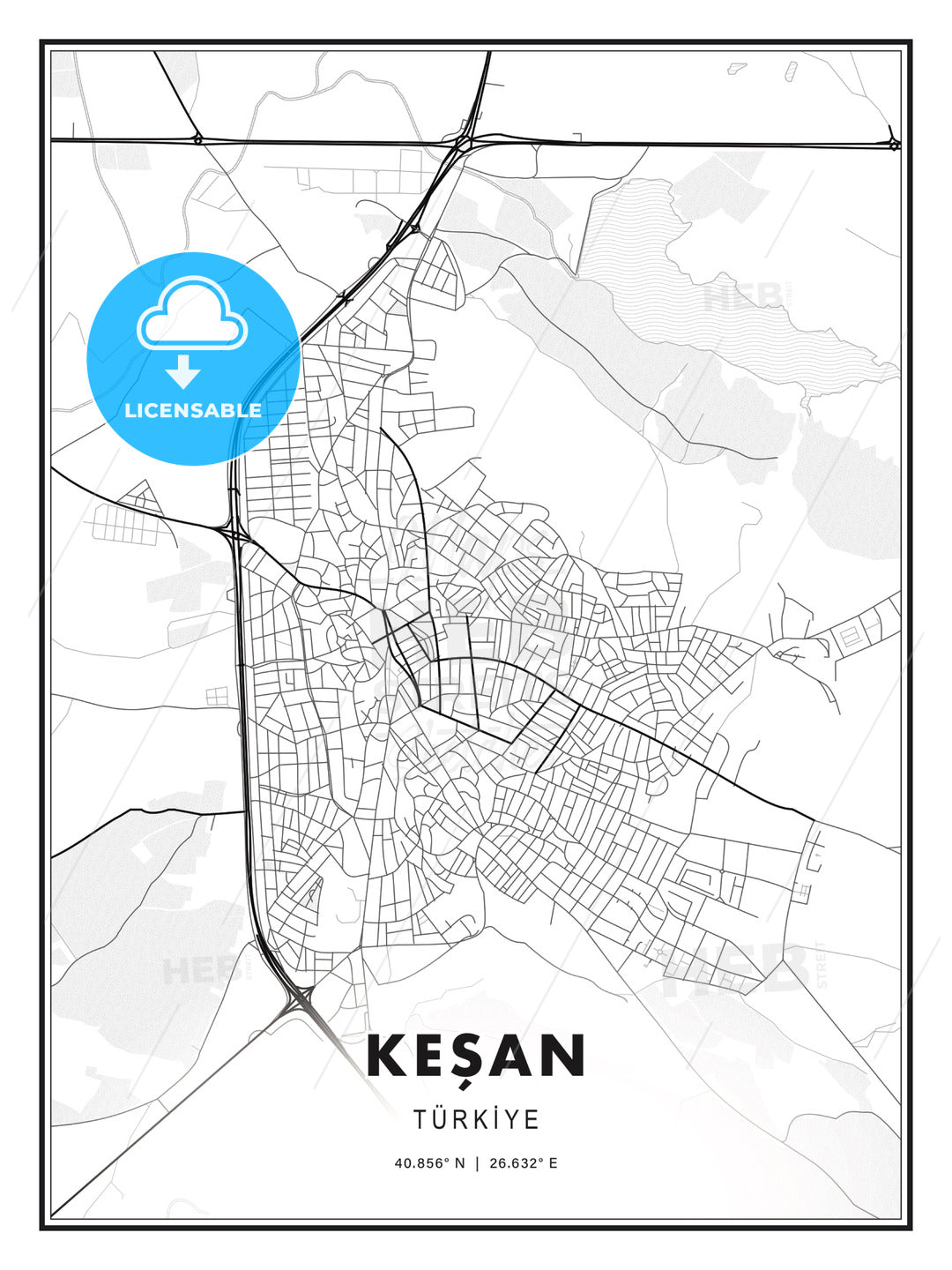 Keşan, Turkey, Modern Map Print Template in Various Formats - HEBSTREITS