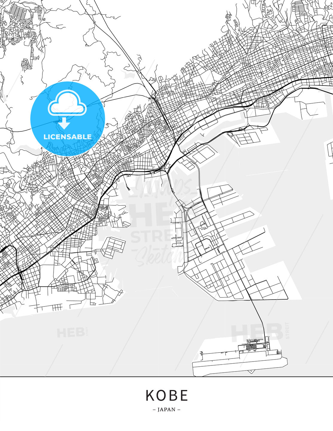 Kobe, Japan, Map poster borderless print template - HEBSTREITS