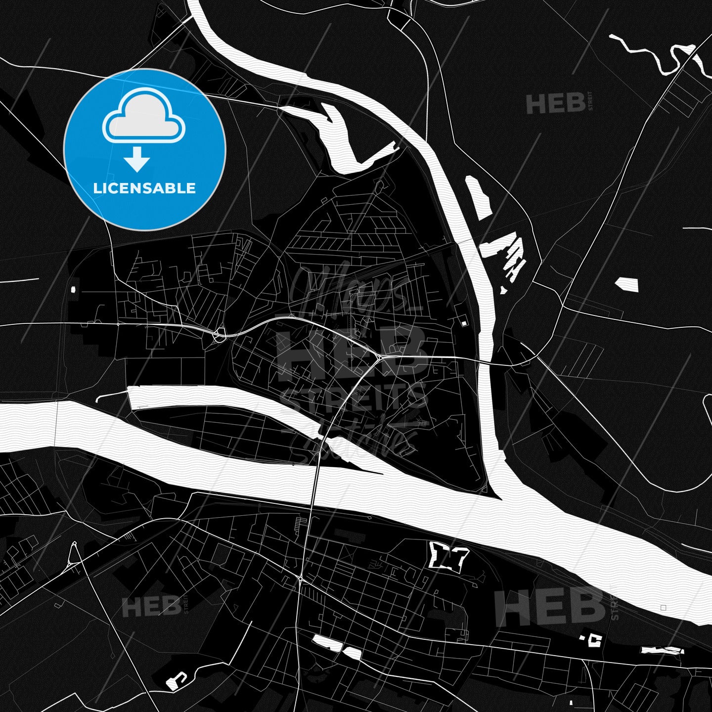 Komárno, Slovakia PDF vector map black and white - HEBSTREITS