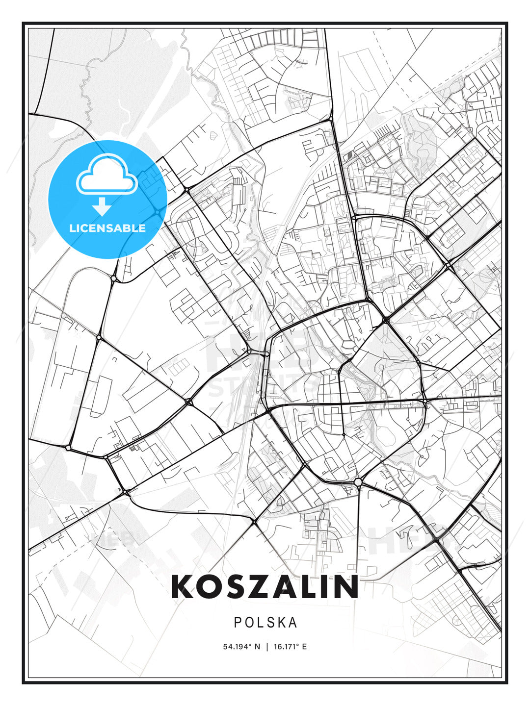 Koszalin, Poland, Modern Map Print Template in Various Formats - HEBSTREITS