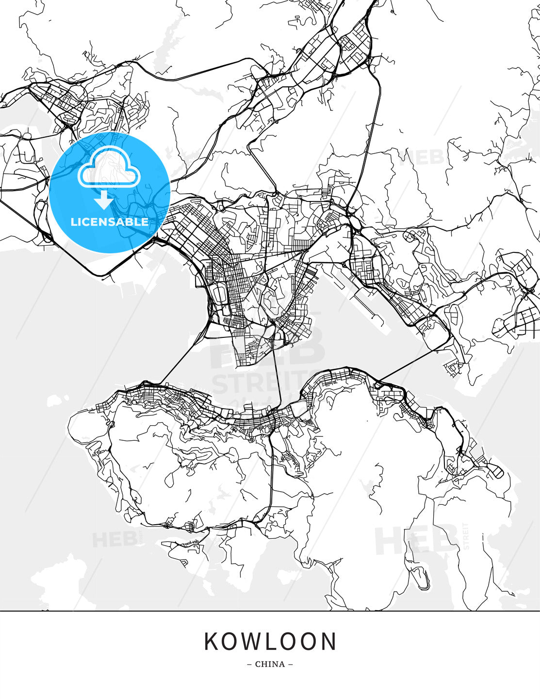 Kowloon, China, Map poster borderless print template - HEBSTREITS