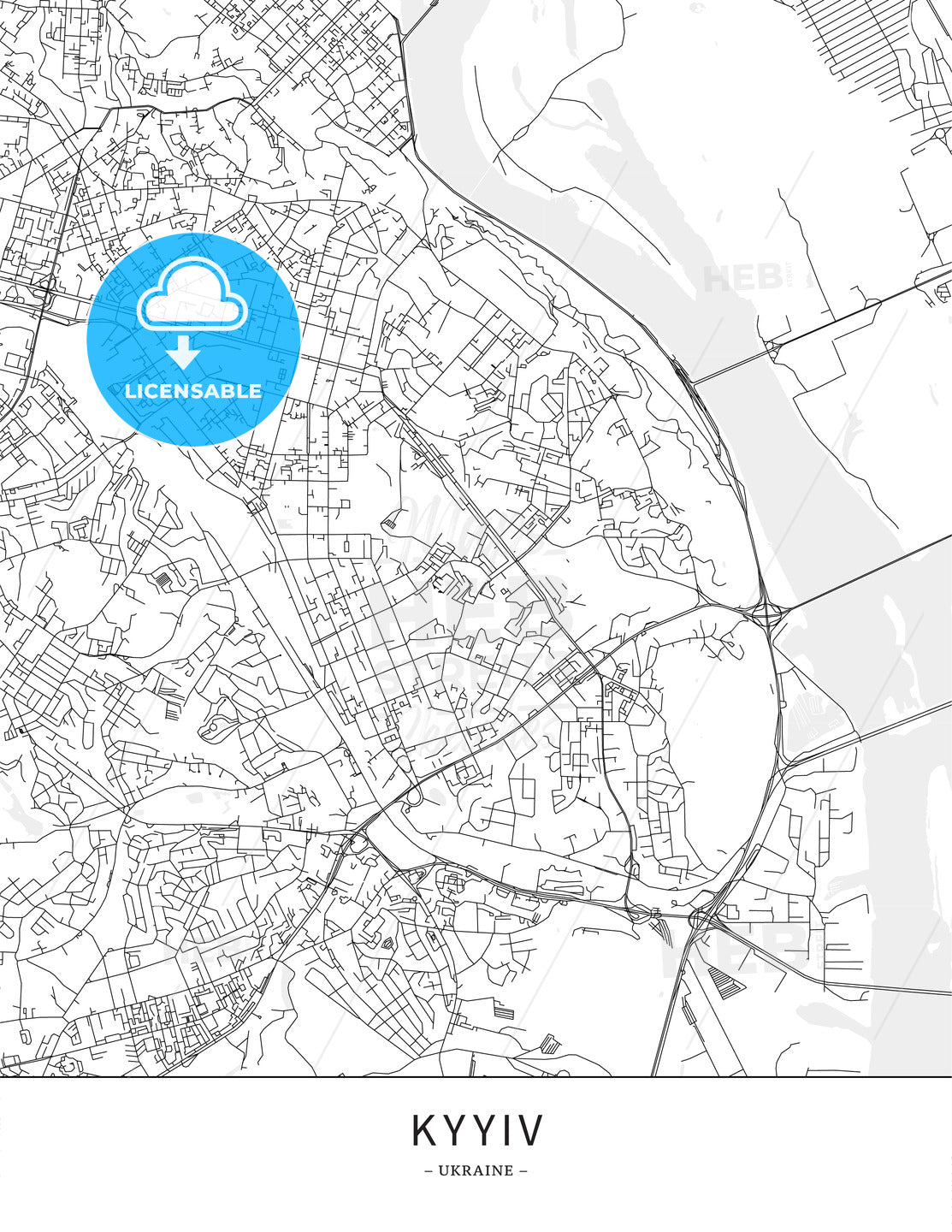 Kyyiv, Ukraine, Map poster borderless print template - HEBSTREITS