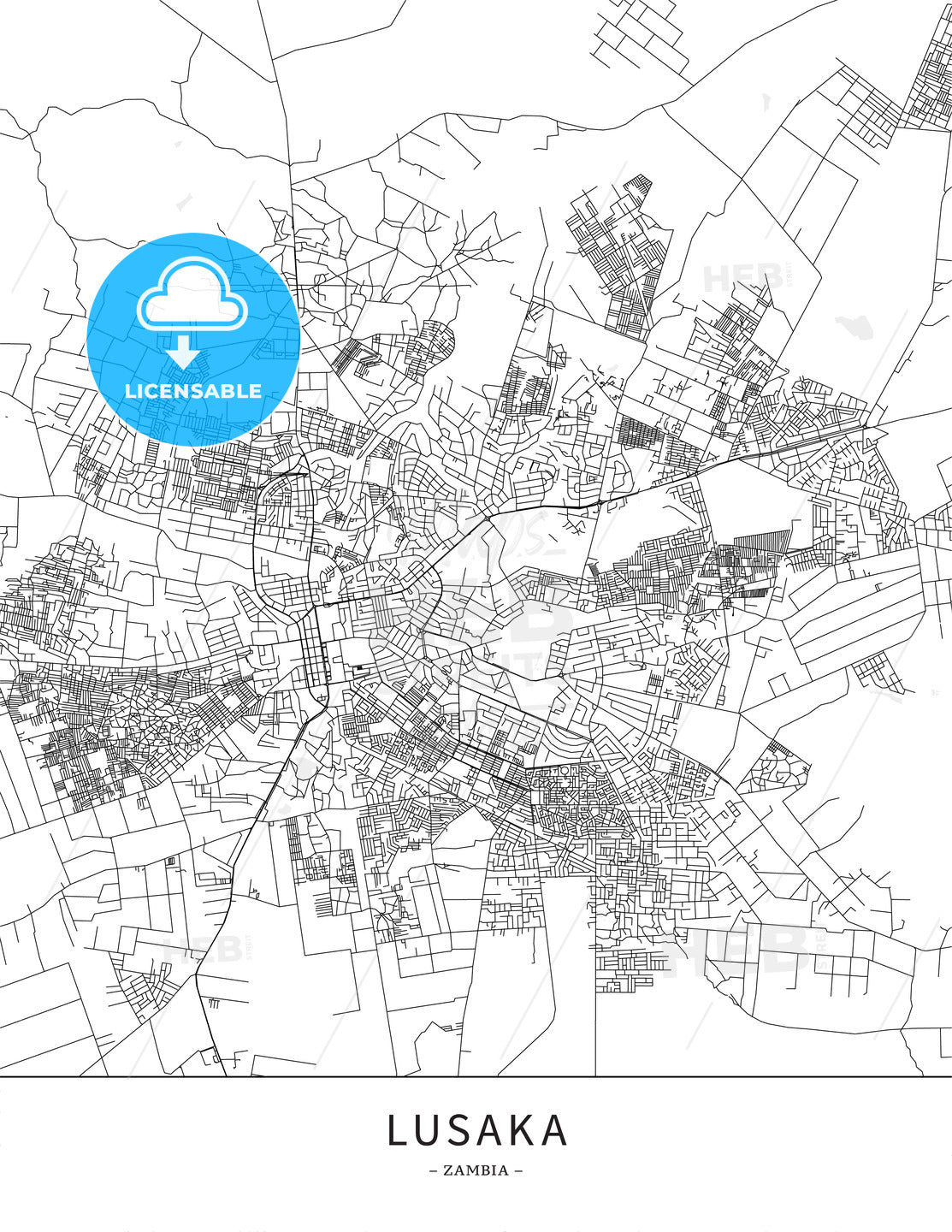 Lusaka, Zambia, Map Poster Borderless Print Template – HEBSTREITS