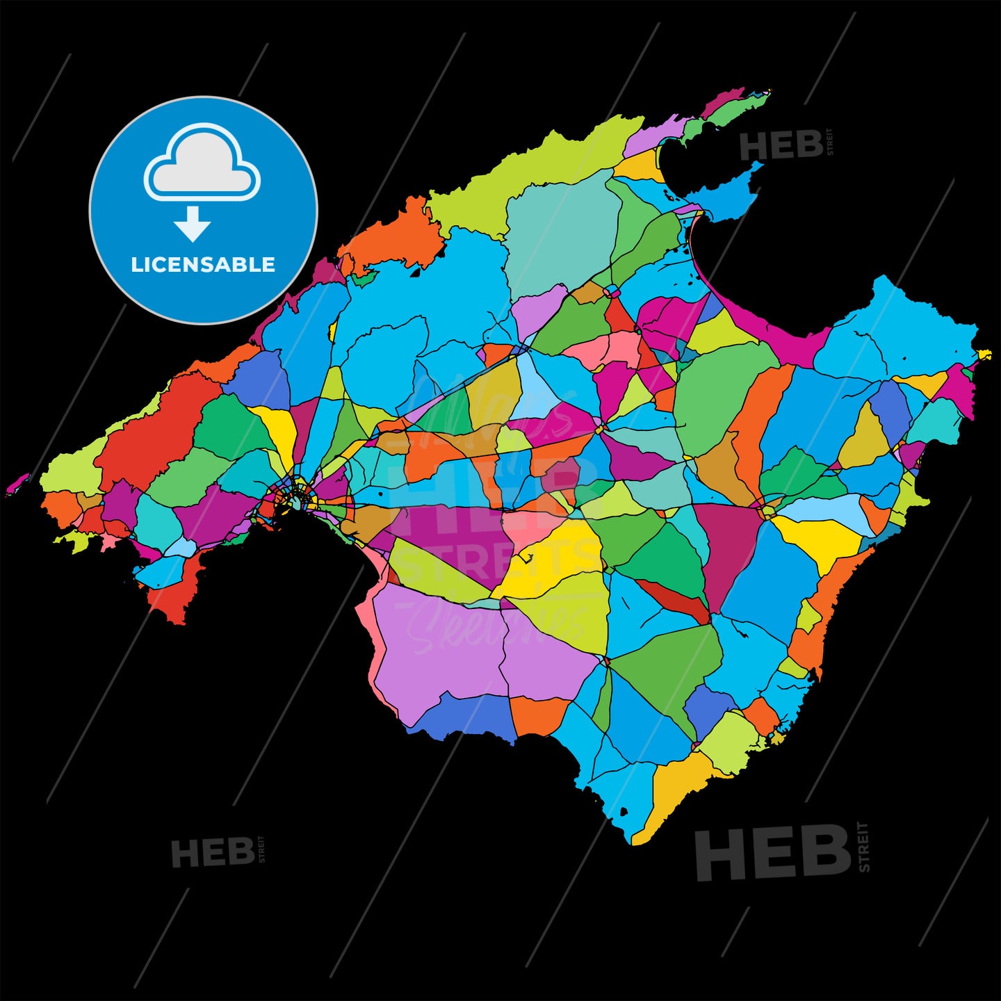 Mallorca Colorful Vector Map On Black – HEBSTREITS