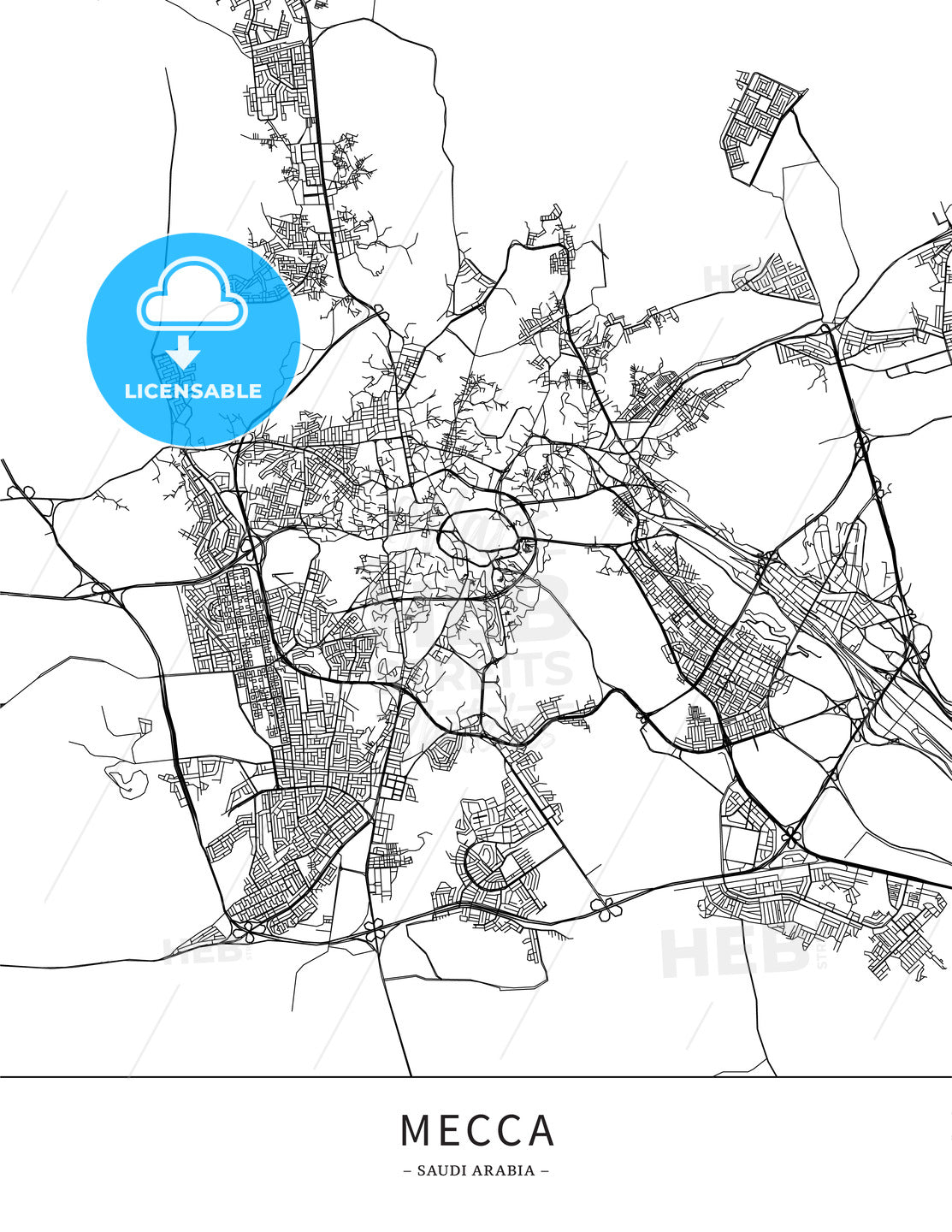 Mecca, Saudi Arabia, Map poster borderless print template - HEBSTREITS